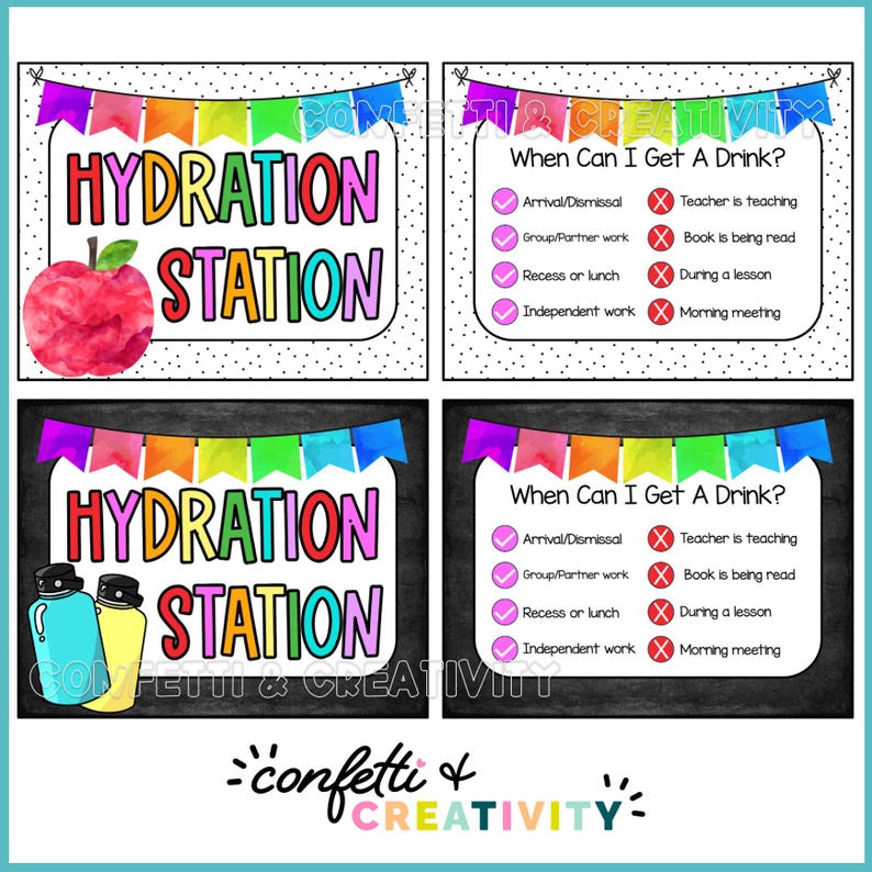 Watercolor Themed Hydration Station Classroom Signs | Colorful Water ...