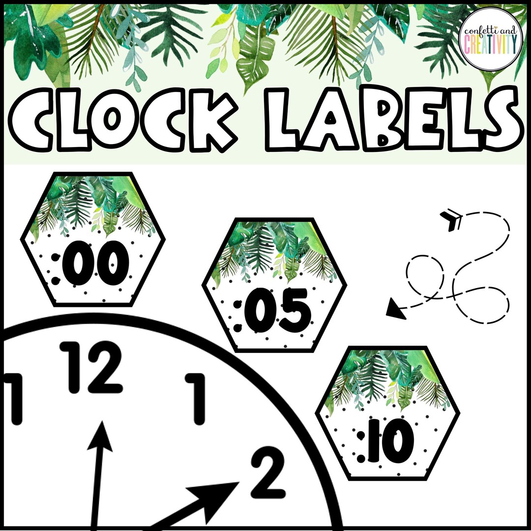 Tropical Classroom Clock Labels | 5 Minute Interval Clock Labels ...