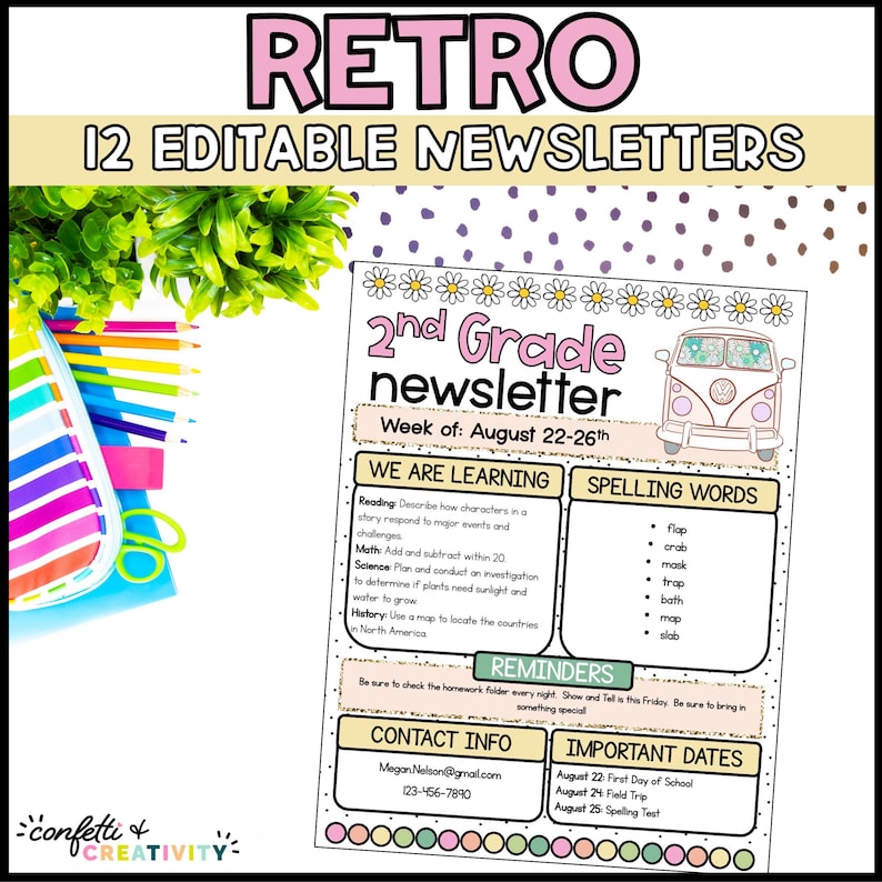 Retro Classroom Newsletter Template: Editable Teacher Newsletter ...