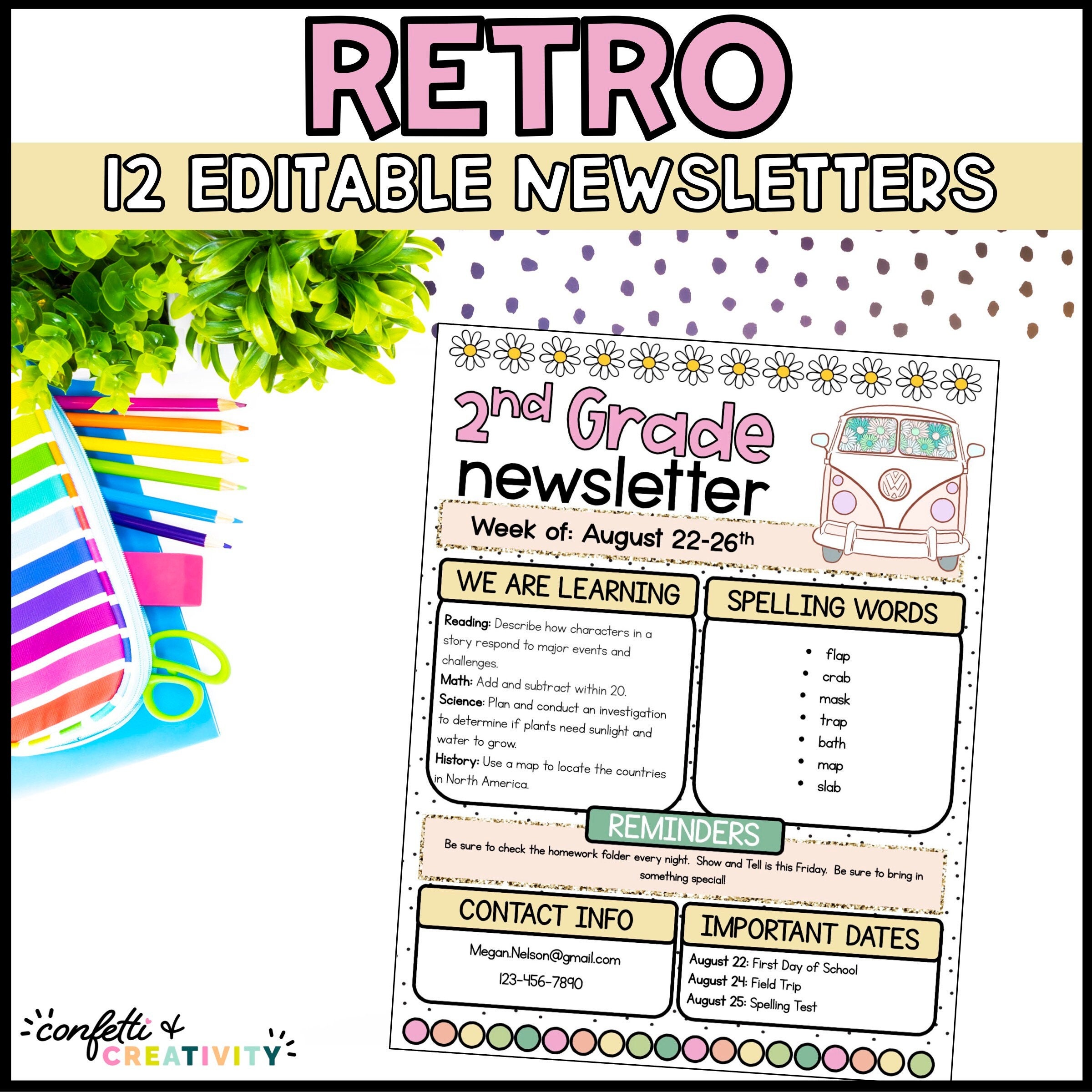 Retro Classroom Newsletter Template: Editable Teacher Newsletter ...