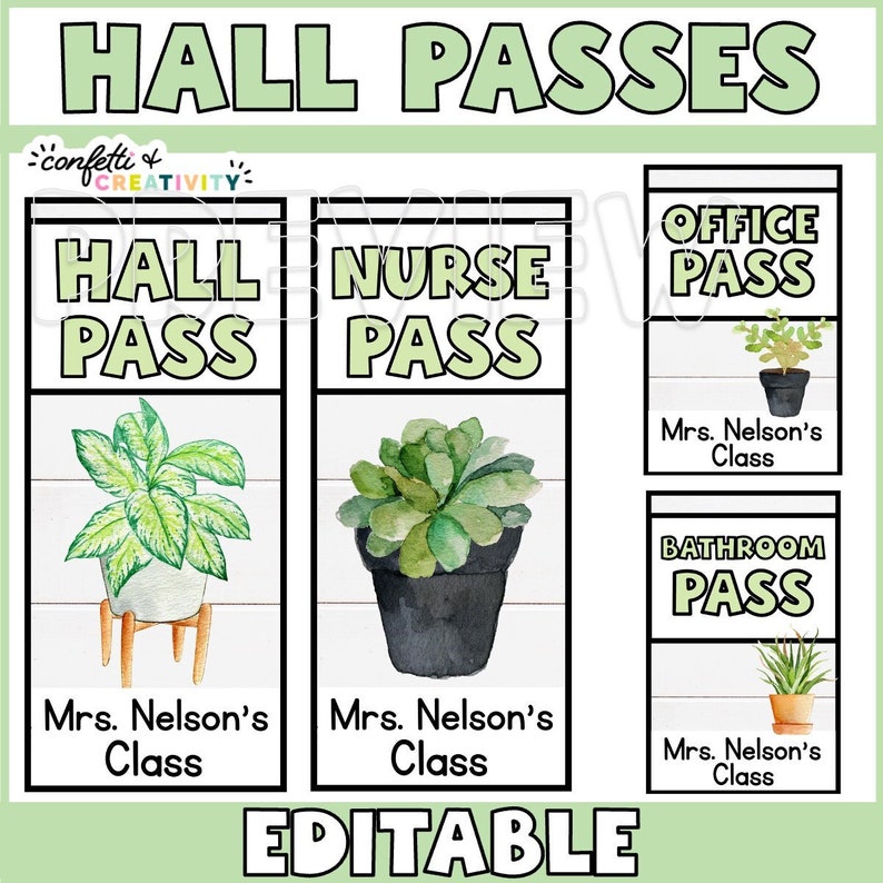 Plant Classroom Hall Passes: Editable Teacher Lanyard Pass (digital ...