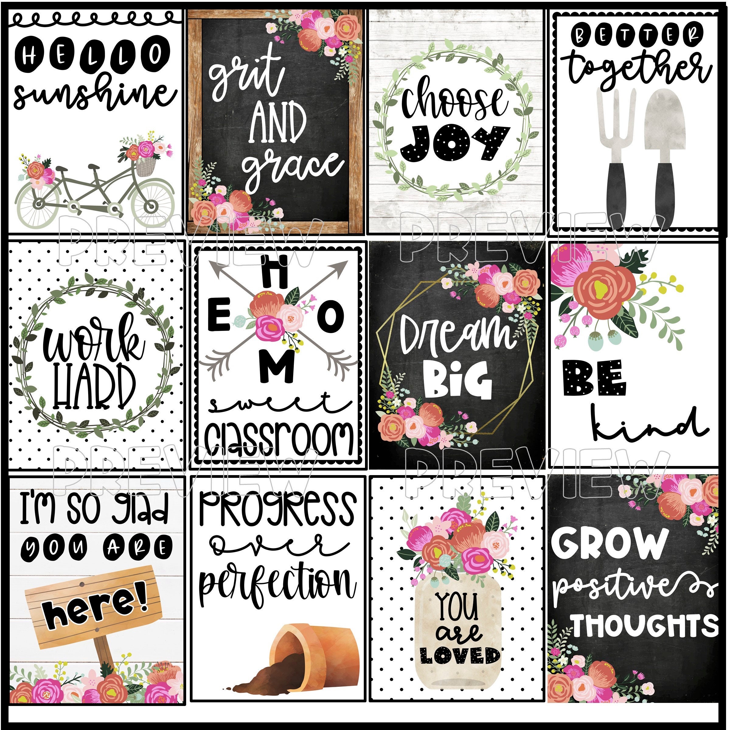 Floral Farmhouse Classroom Quote Posters: Elementary Growth Mindset ...