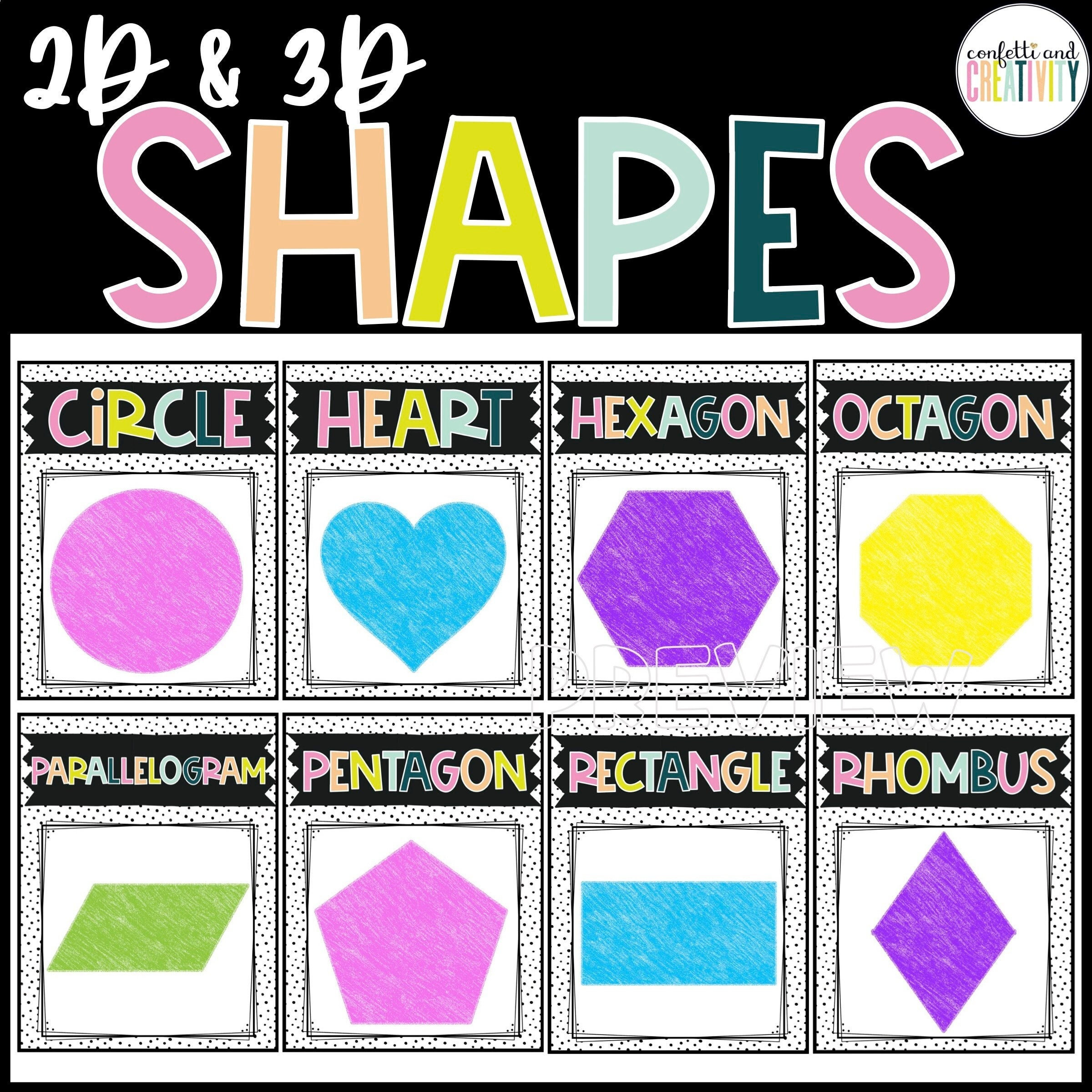 Shapes Posters: 2D & 3D Bold Brights Classroom Decor (digital Download ...