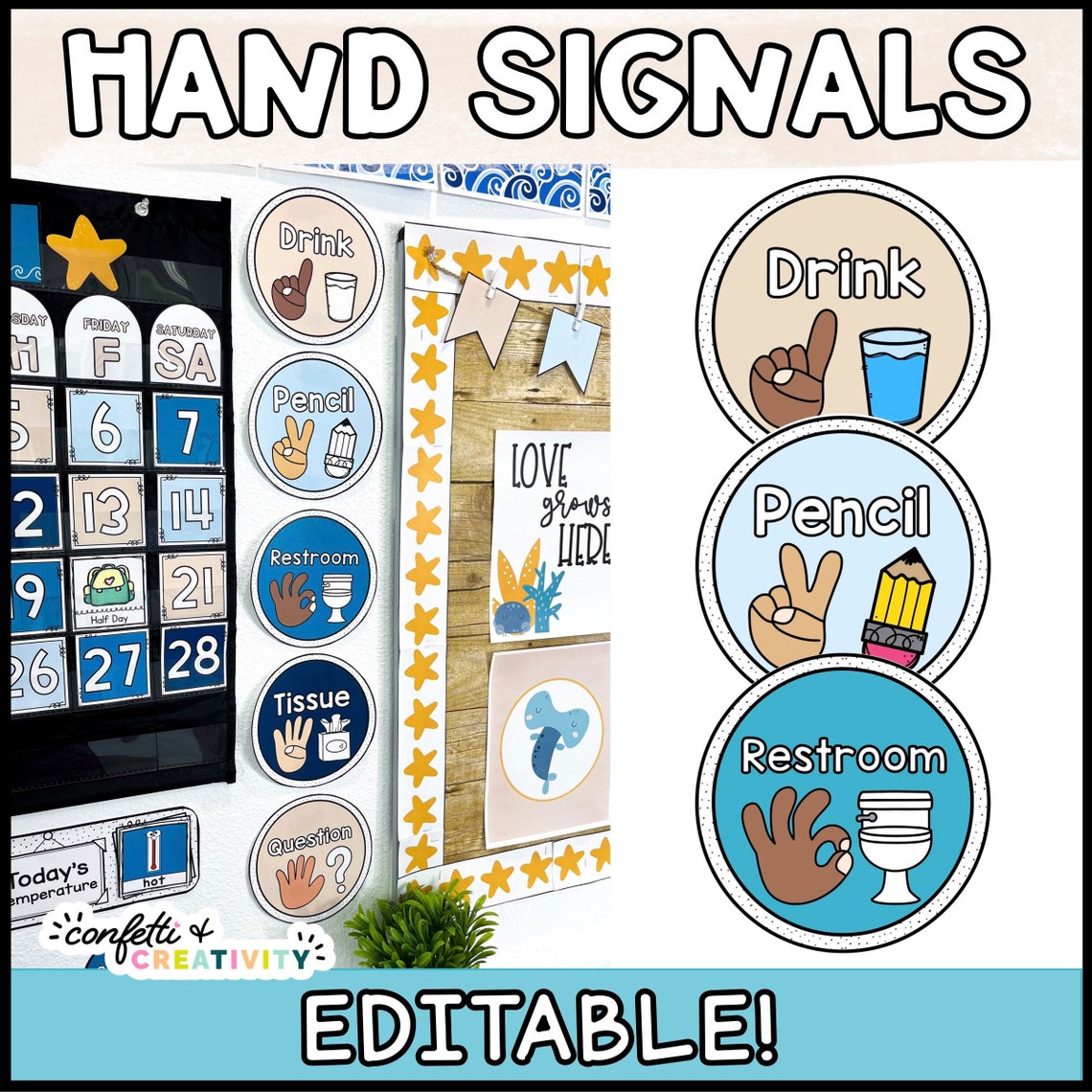 Elementary Classroom Hand Signal Posters: Editable Decor (digital ...