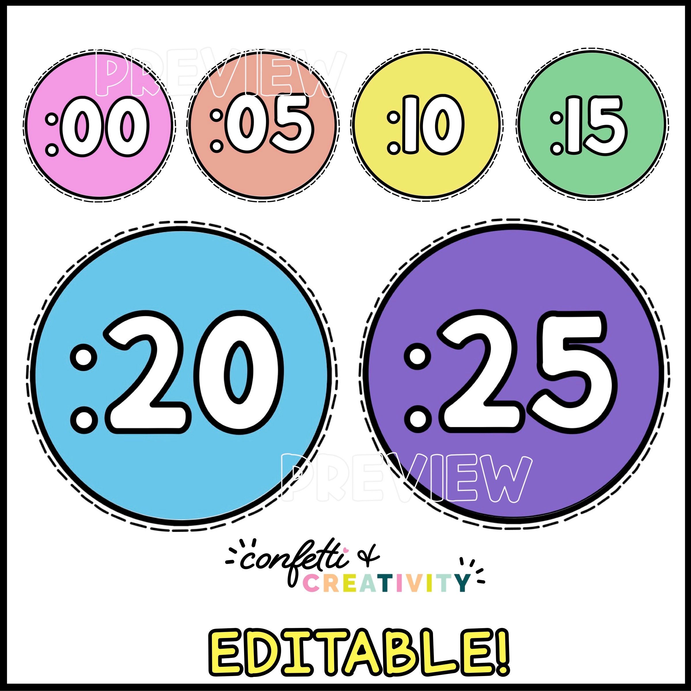 Colorful Classroom Clock Labels: 5-minute Intervals (digital Download ...