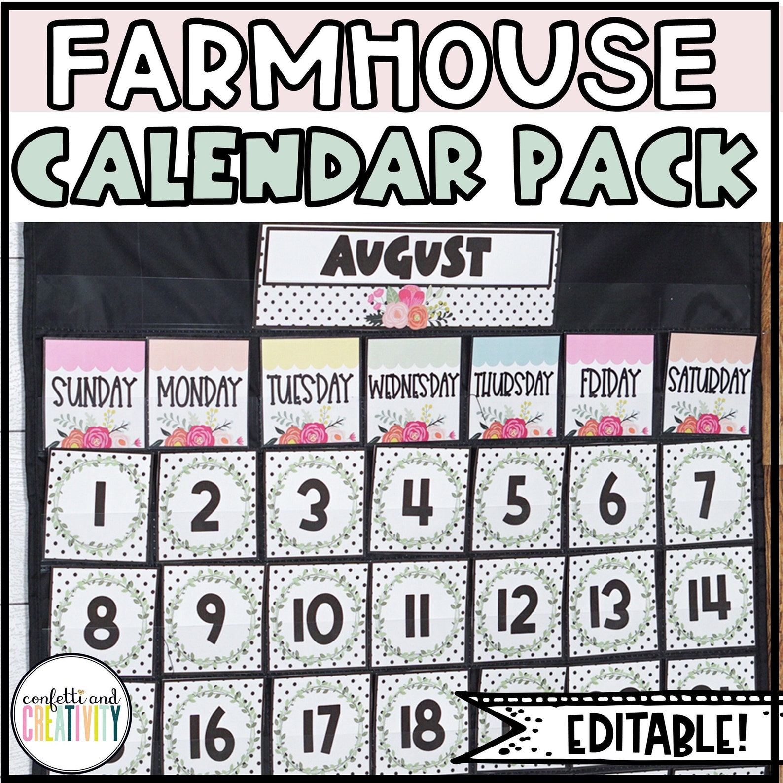 Floral Farmhouse Classroom Calendar Pack Pocket Chart - Etsy