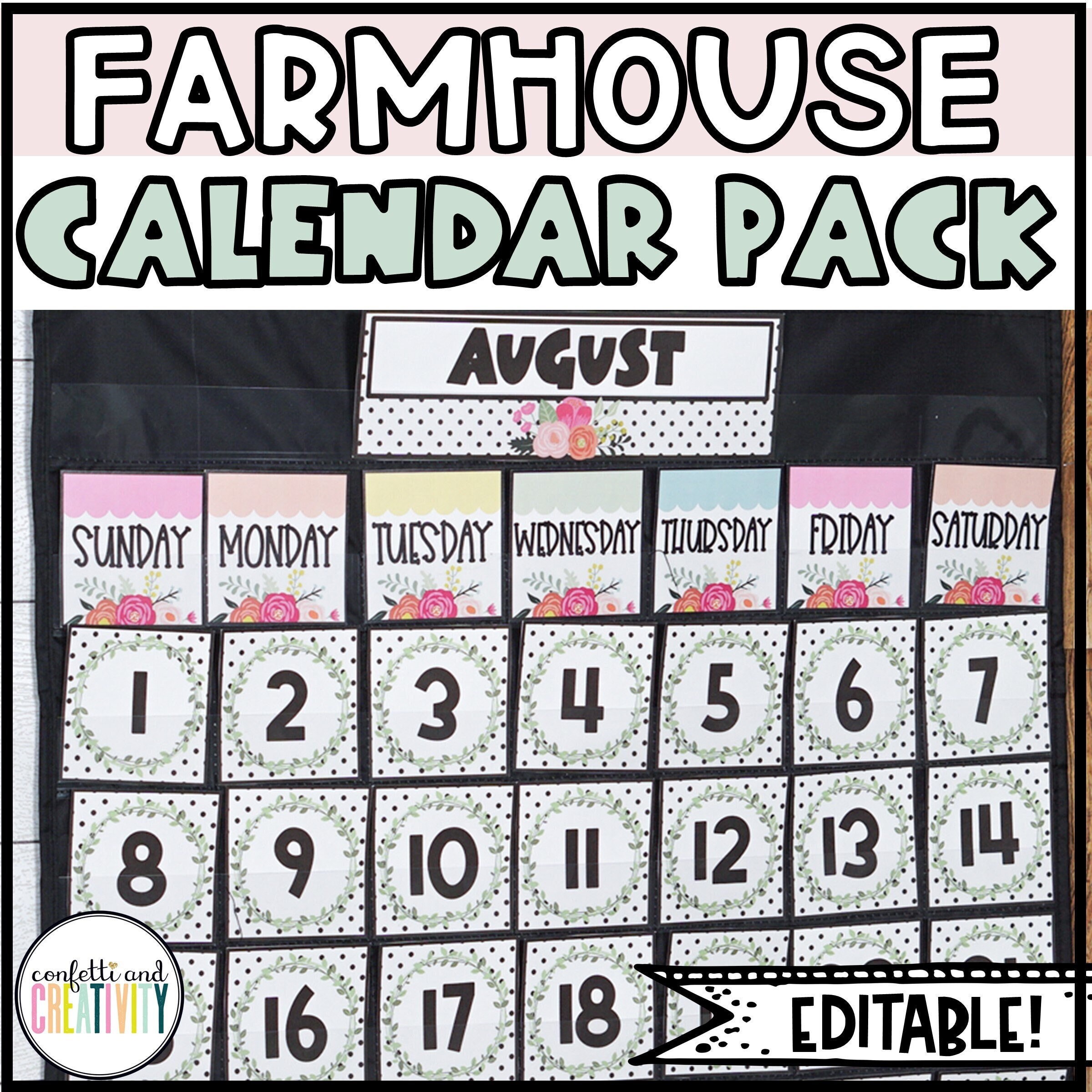Floral Farmhouse Classroom Calendar: Pocket Chart & Flip Calendar ...