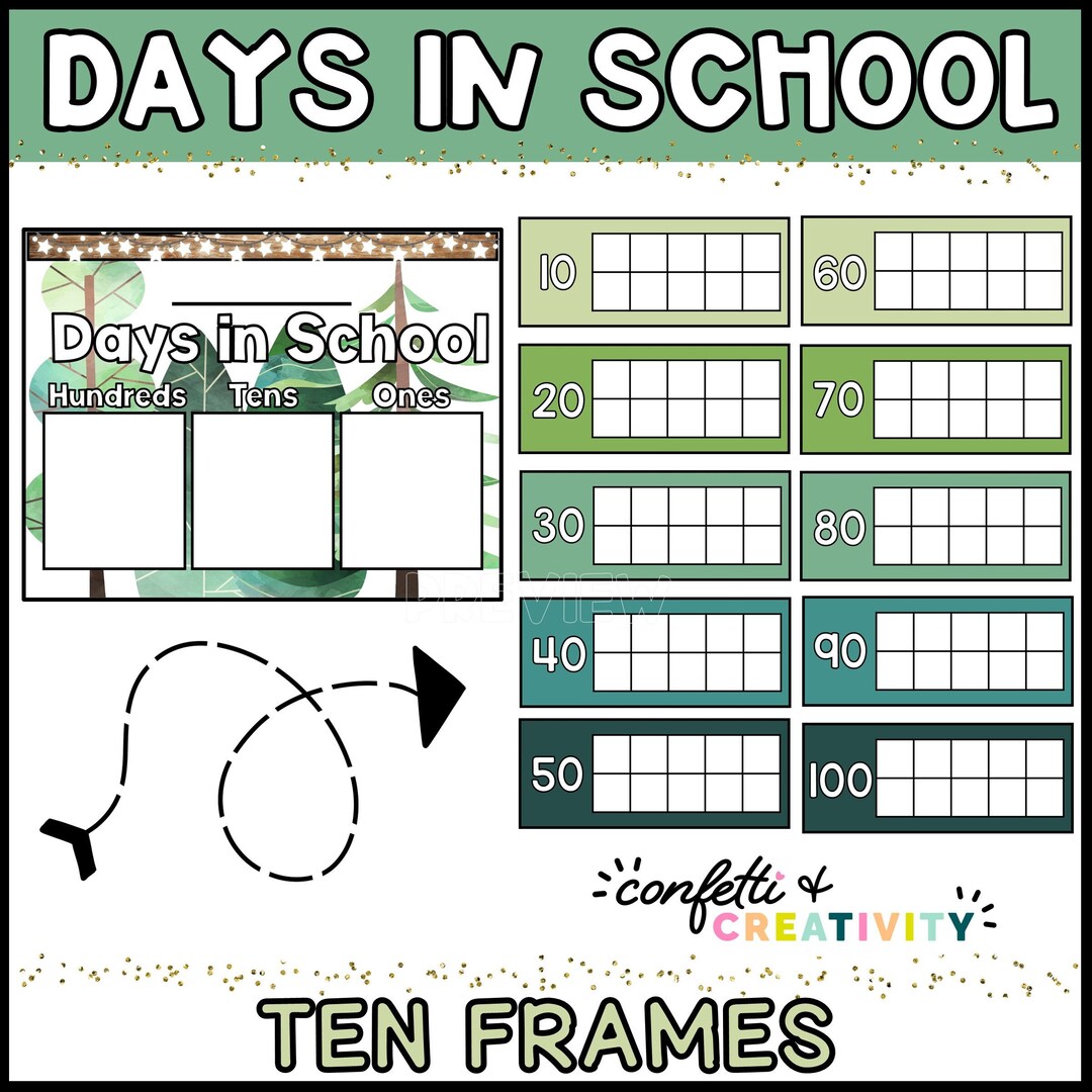 Green Classroom Decor: Days in School Tally, Ten Frame Posters (digital ...