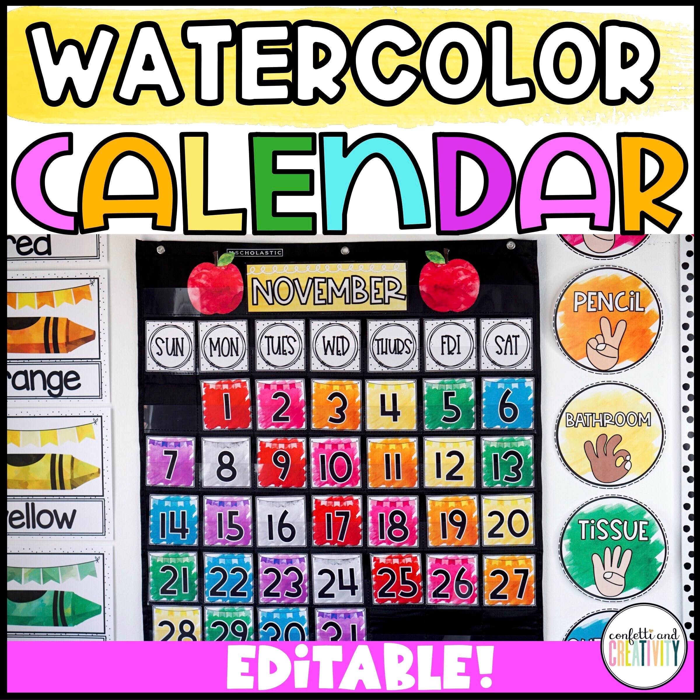Watercolor Classroom Calendar Pack Pocket Chart Calendar - Etsy