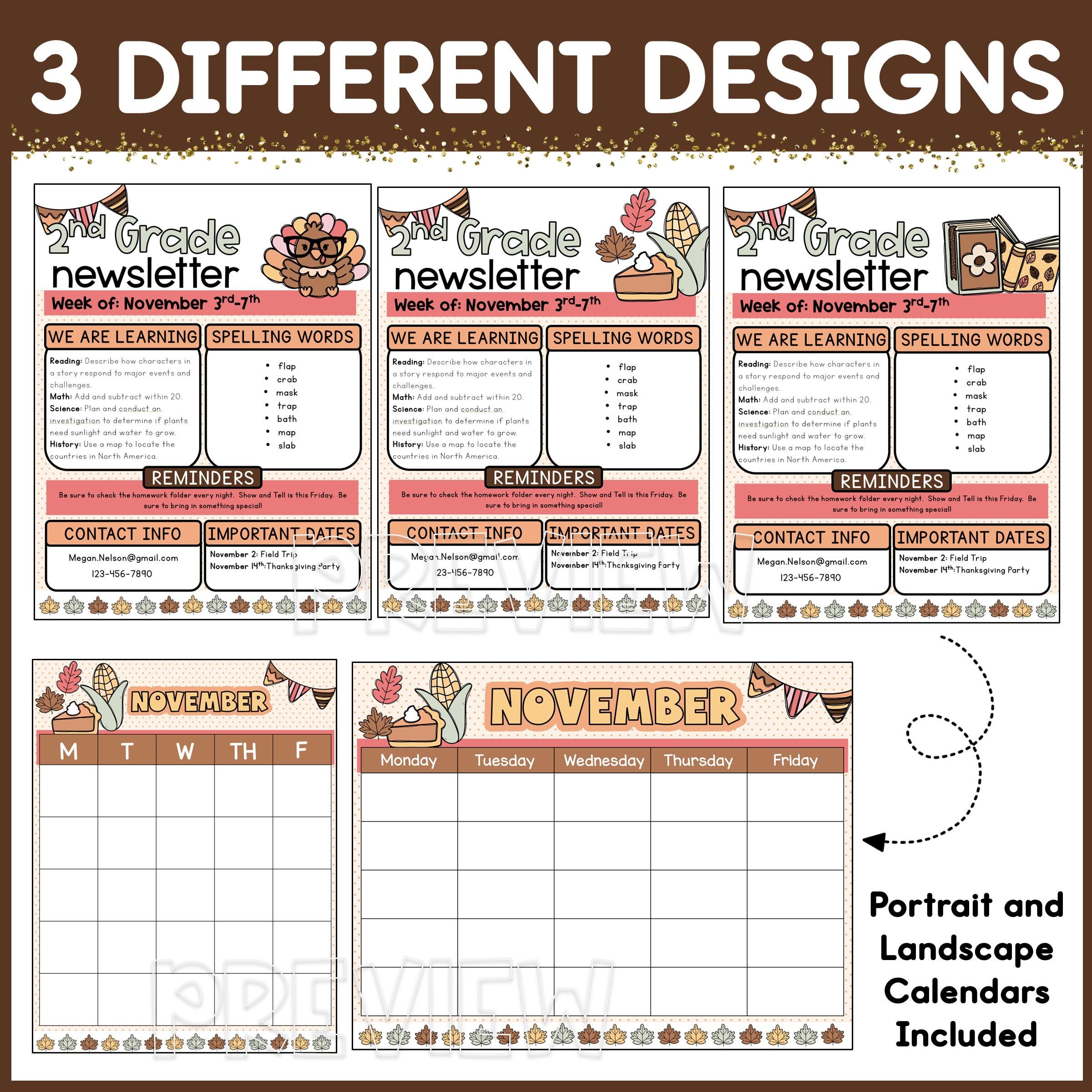 Thanksgiving Classroom Newsletter Template: Editable Calendar (digital ...