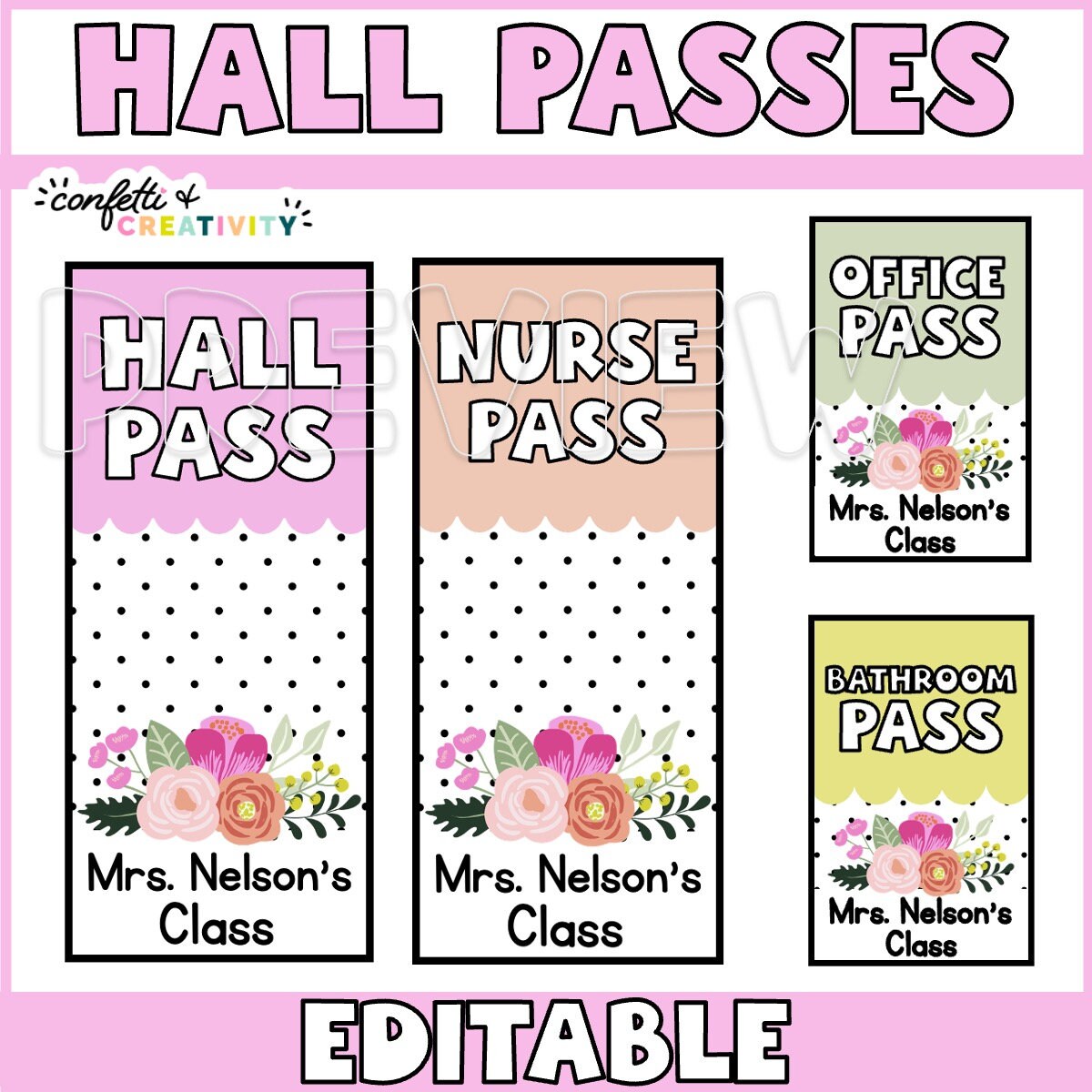 Floral Farmhouse Classroom Hall Passes: Editable Teacher Lanyard Pass ...