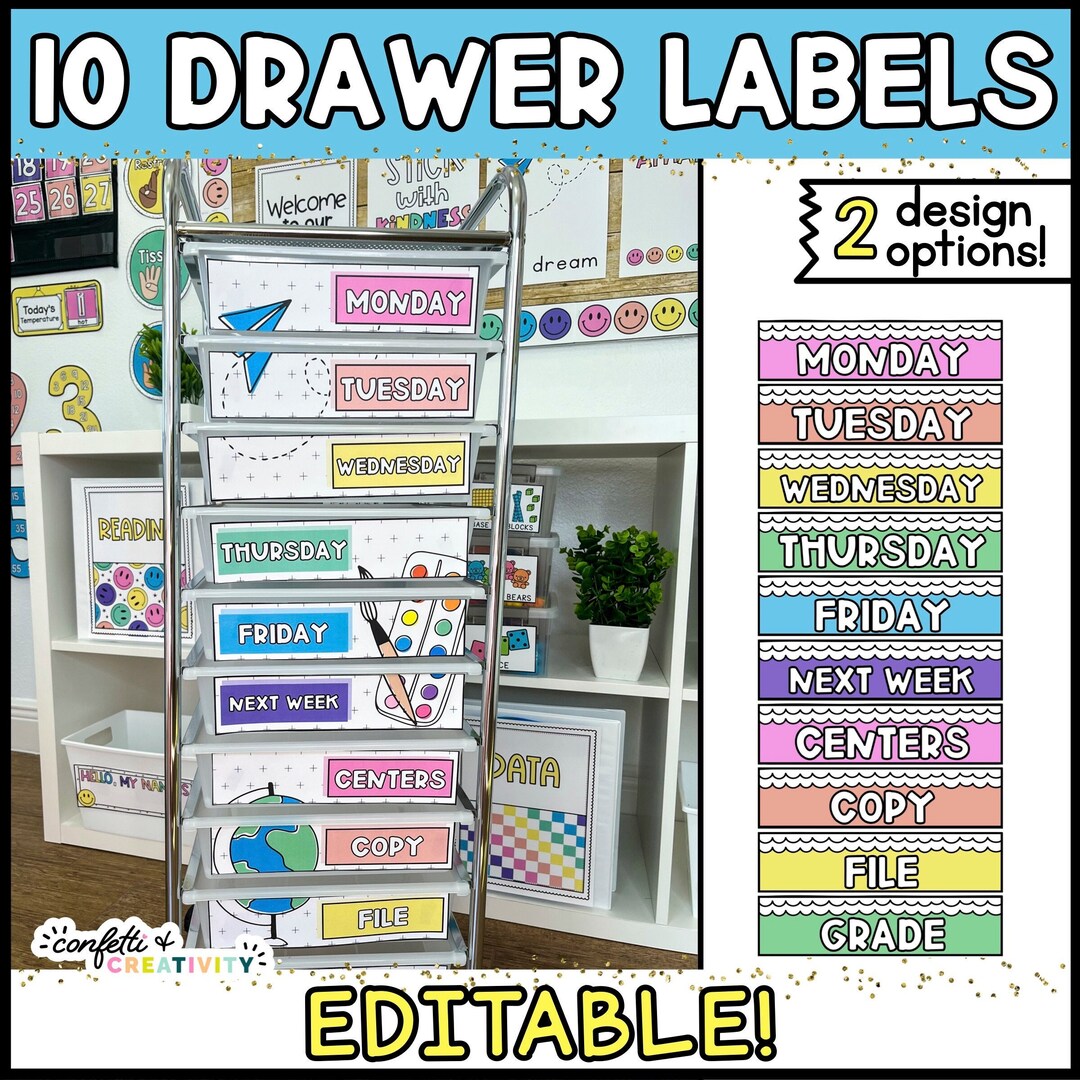 Bright 10 Drawer Rolling Cart Labels | Teacher Trolley Labels | Teacher ...