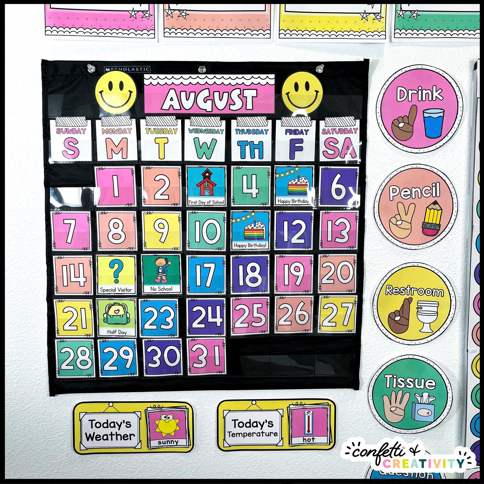 Bright Classroom Calendar Pack Pocket Chart Calendar Cards Flip ...