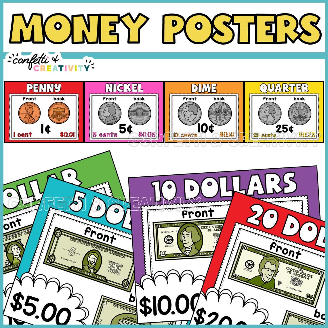Colorful Money Posters | U.S. Coins & Bills Classroom Math Decor ...