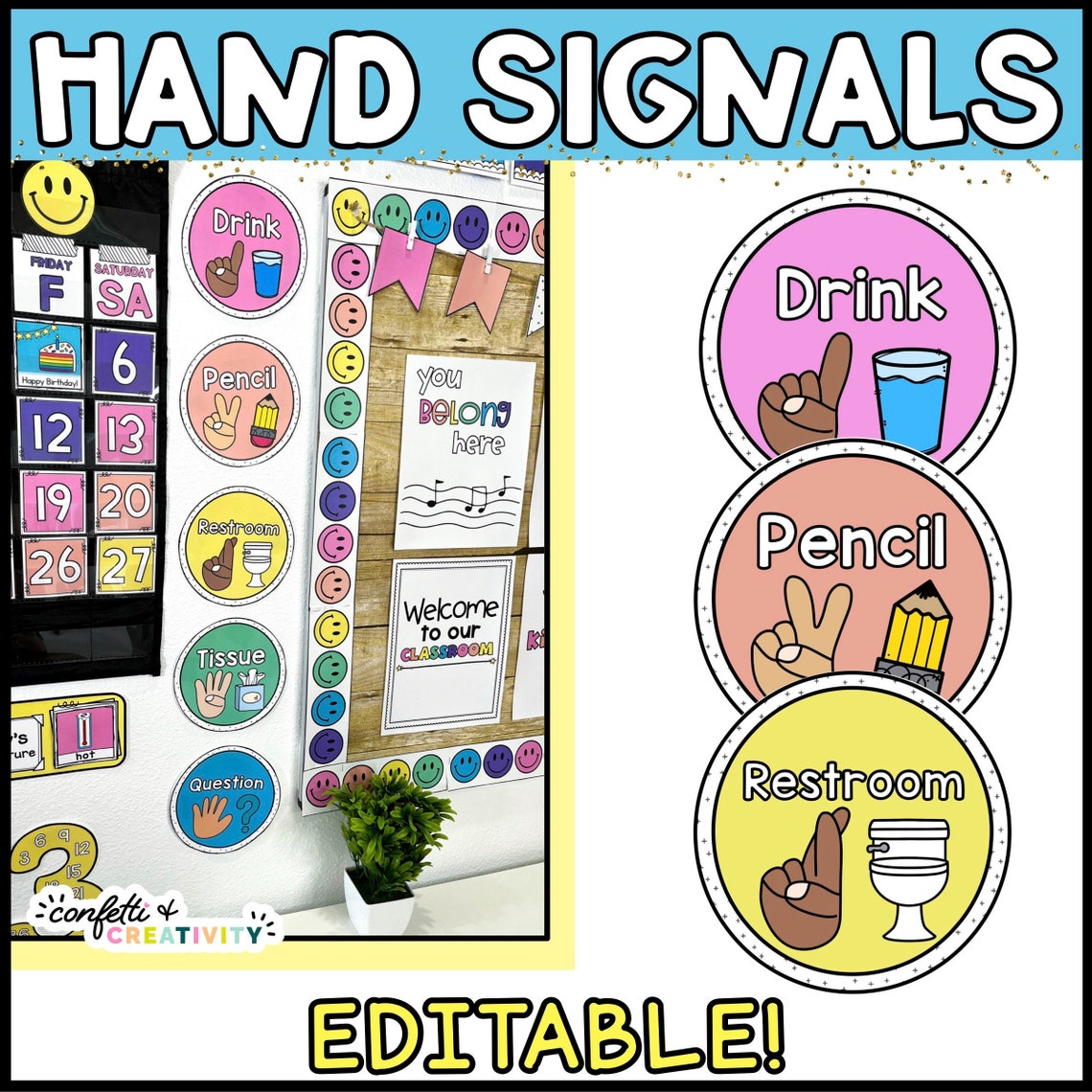 Bright Classroom Hand Signal Posters: Multicultural Decor (digital ...
