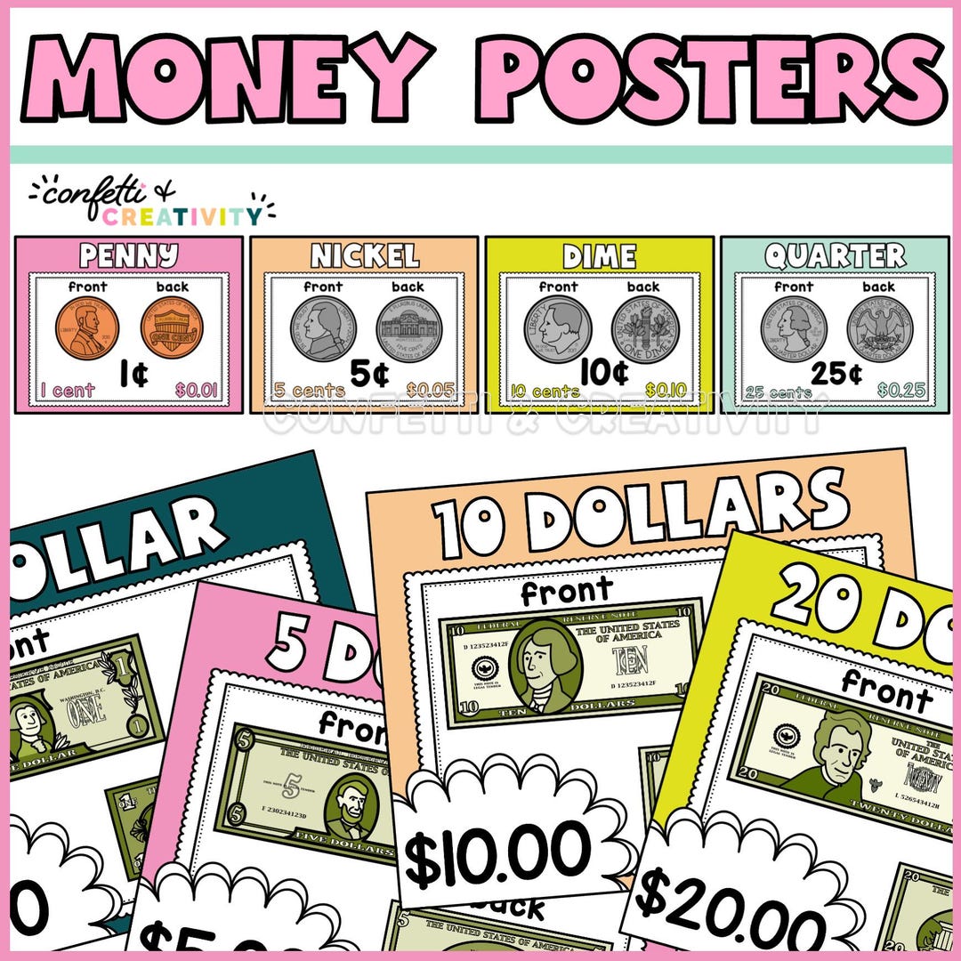 Bright Classroom Money Posters | U.S. Coins & Bills Classroom Math Decor - Etsy