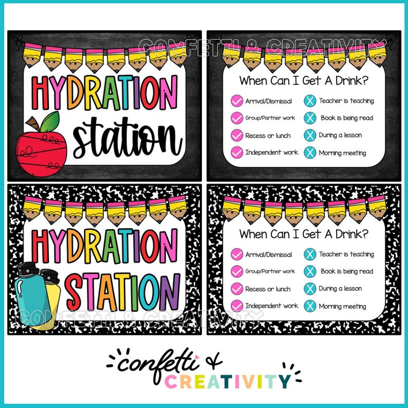Colorful Hydration Station Classroom Signs | Bright Water Bottle Signs ...