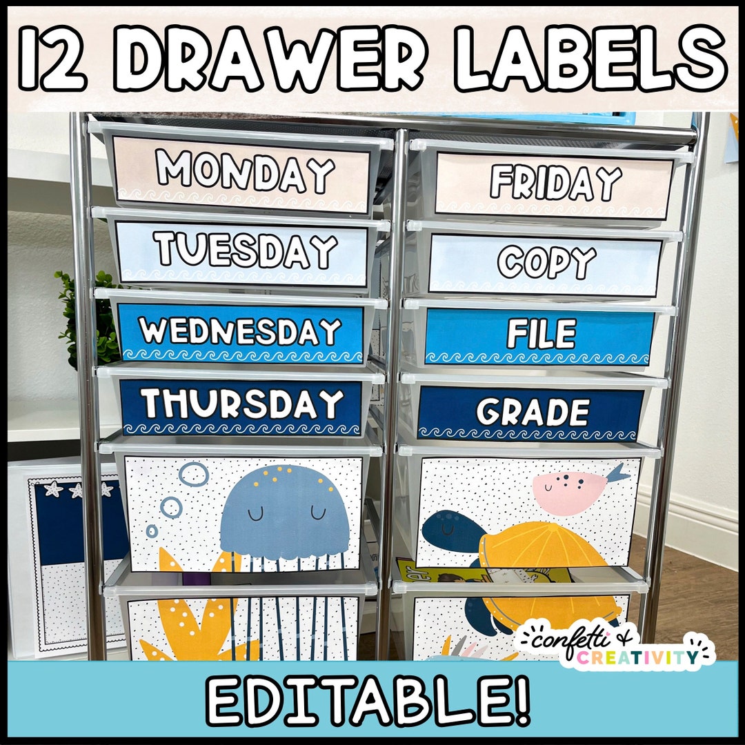 Ocean 12 Drawer Rolling Cart Labels | Teacher Trolley Labels | Teacher ...