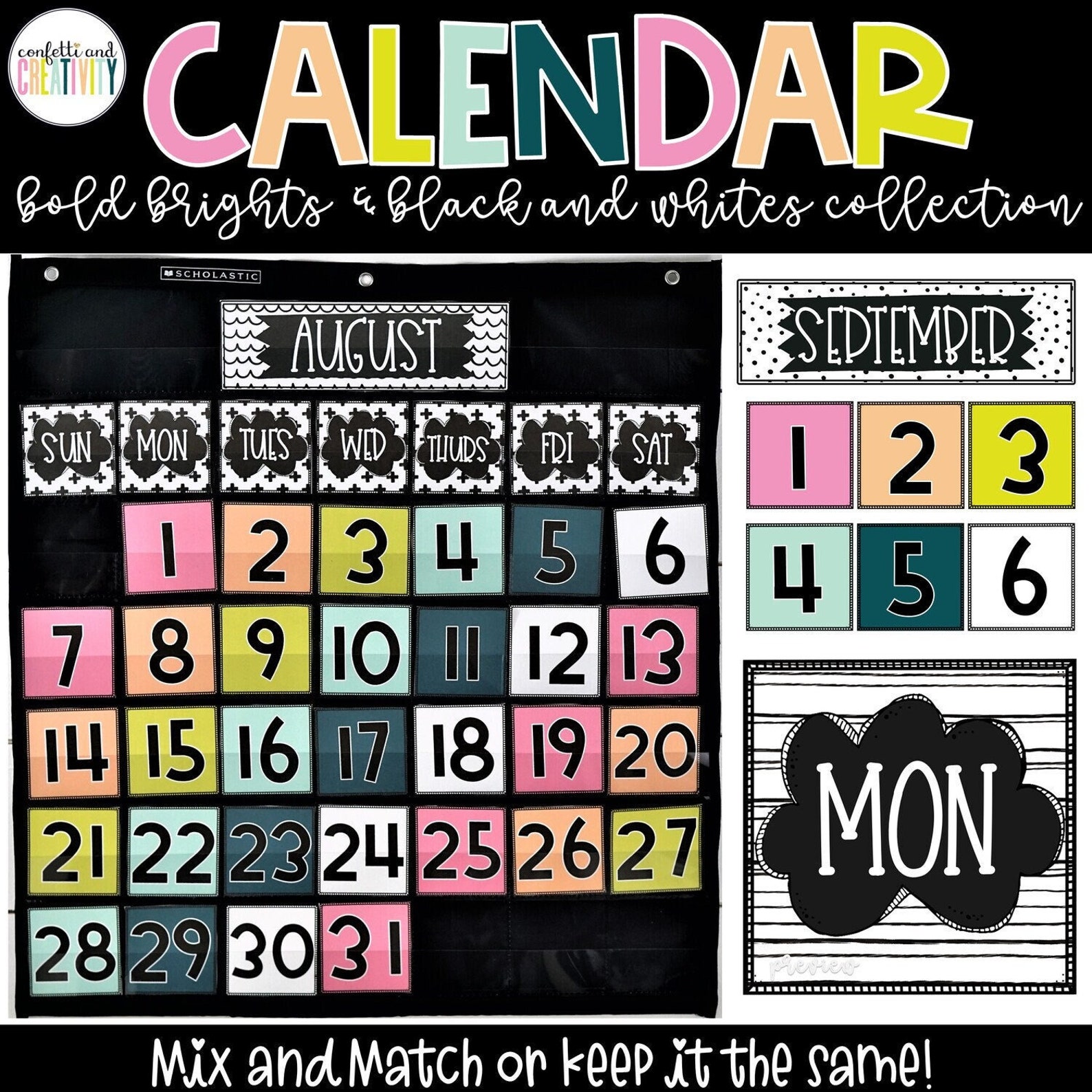 Bold Brights Classroom Calendar Pack Pocket Chart Calendar - Etsy