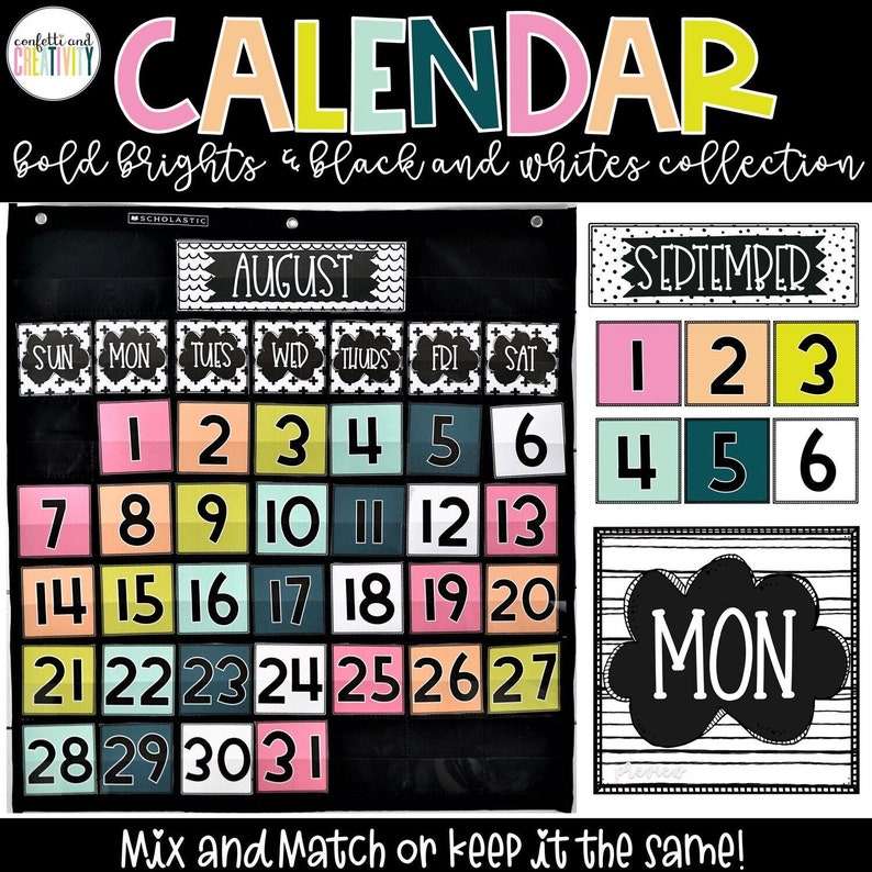 Bold Brights Classroom Calendar Pack Pocket Chart Calendar - Etsy