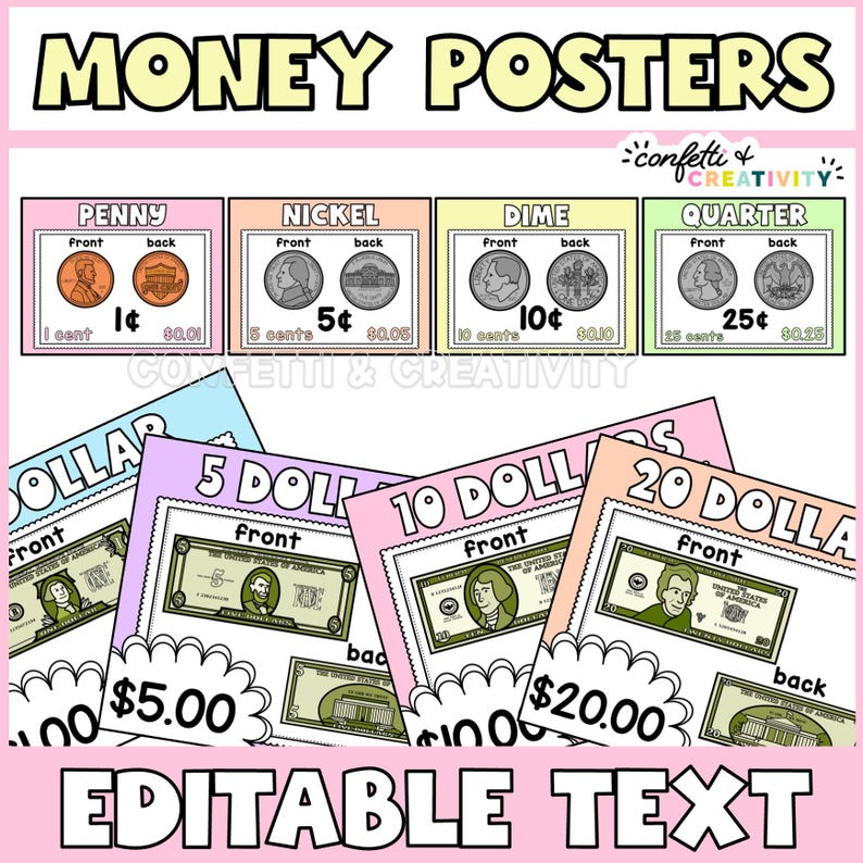 Pastel Classroom Money Posters | U.S. Coins & Bills Classroom Math ...