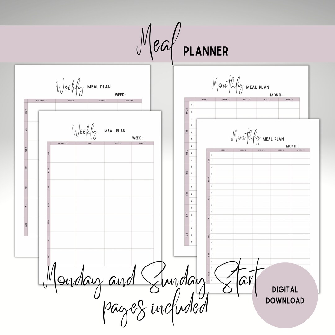 Meal Planner Printable, Monthly Food Diary, Weekly Menu Planner, Food ...