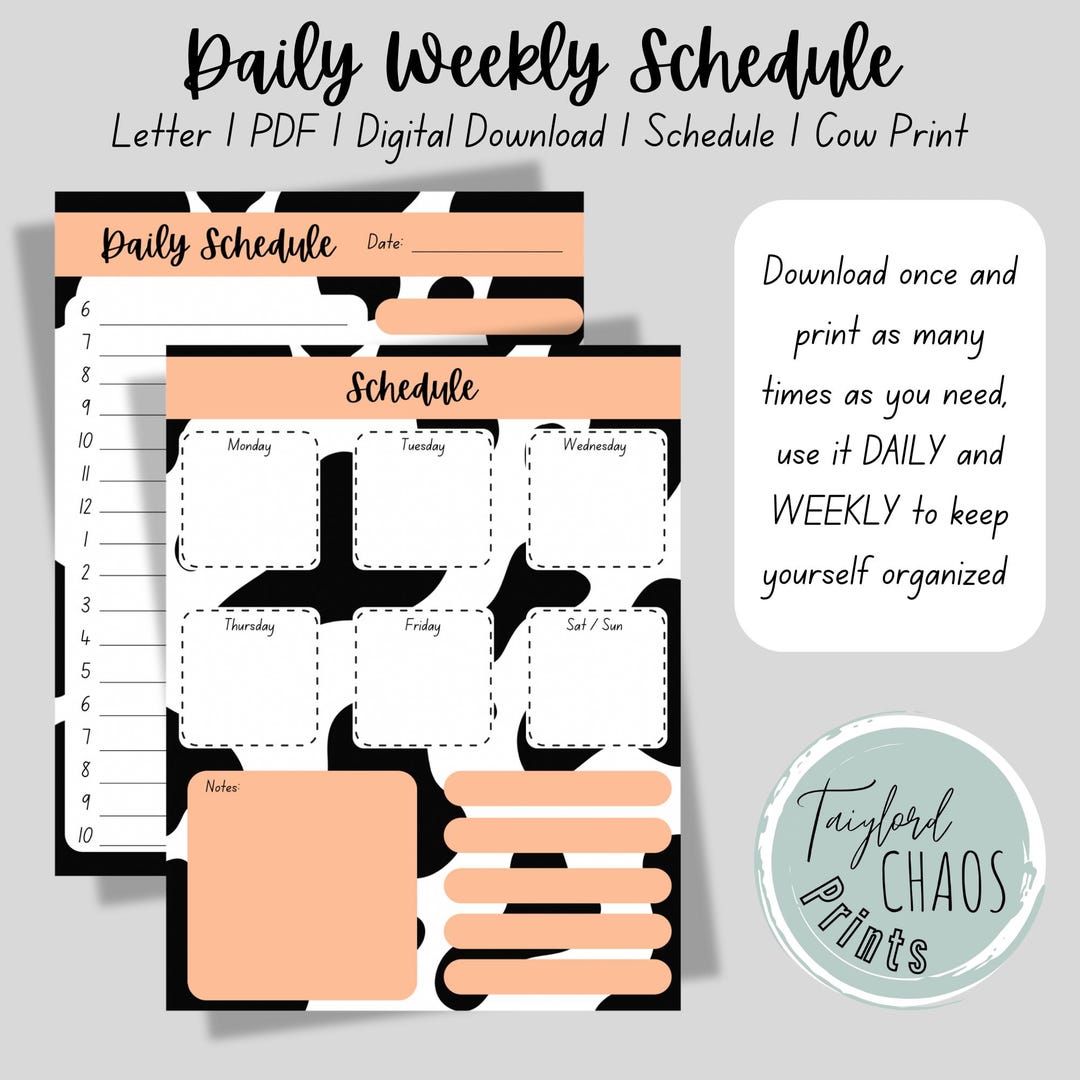 Cow Print Planner, Cow Print Schedule, Daily Planner, Weekly Schedule ...