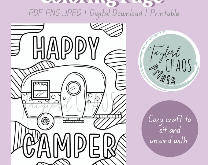 Happy Camper Coloring Page, Camping Coloring Page, Adult Coloring Pages ...