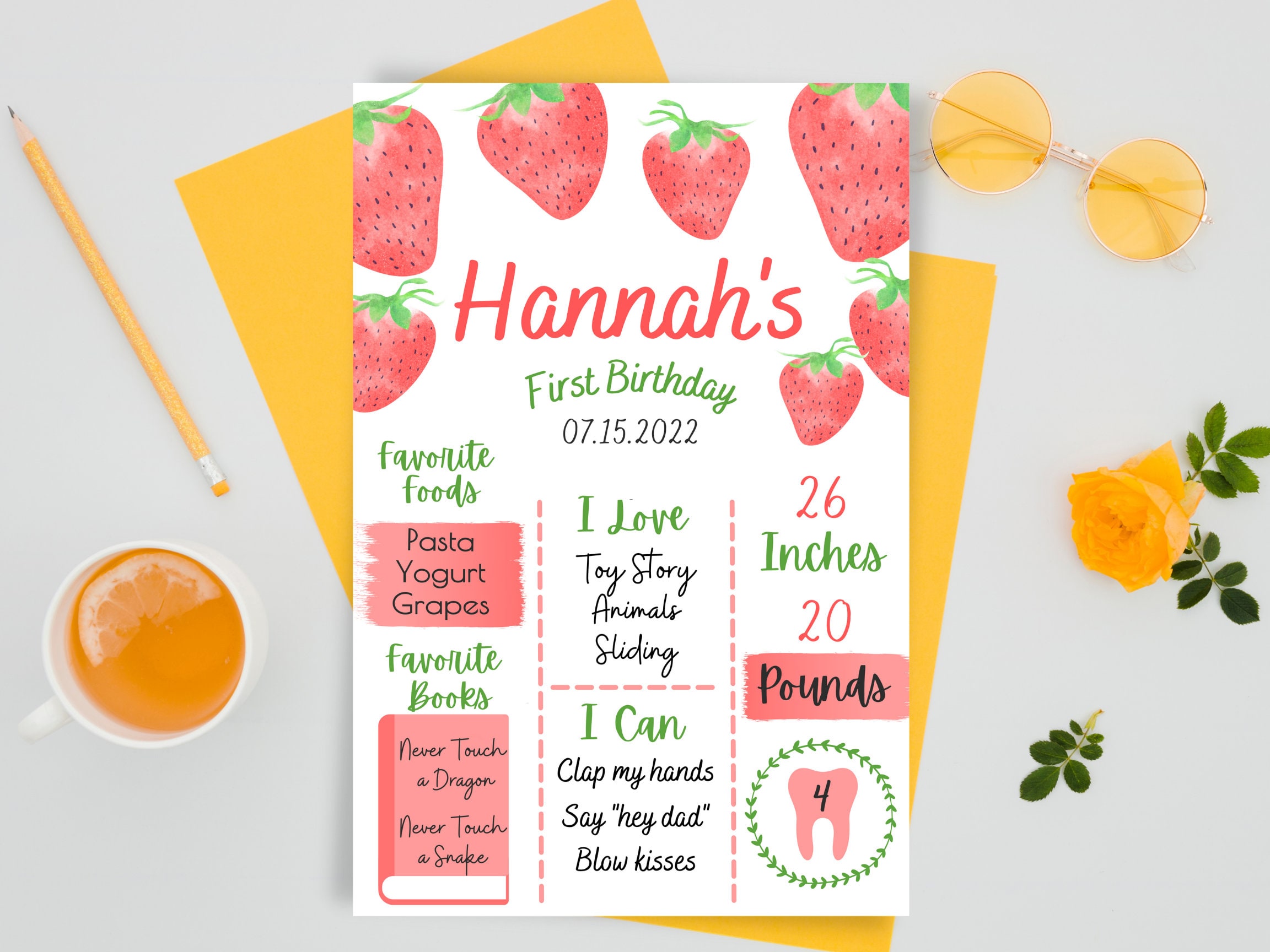 Editable Strawberry Birthday Milestone Poster Template - Etsy