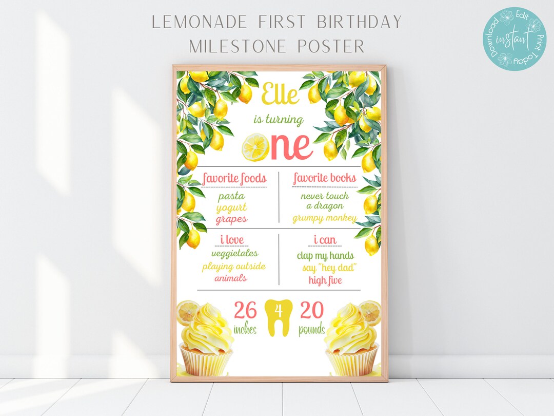 Lemonade First Birthday Milestone Sign Template | Pink Lemonade First ...