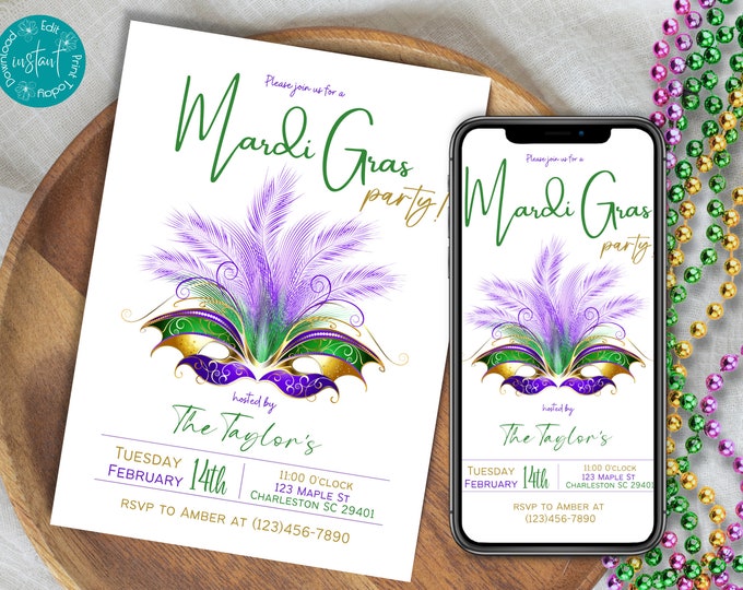 Printable Mardi Gras kids or Adults Birthday Invitation - Etsy