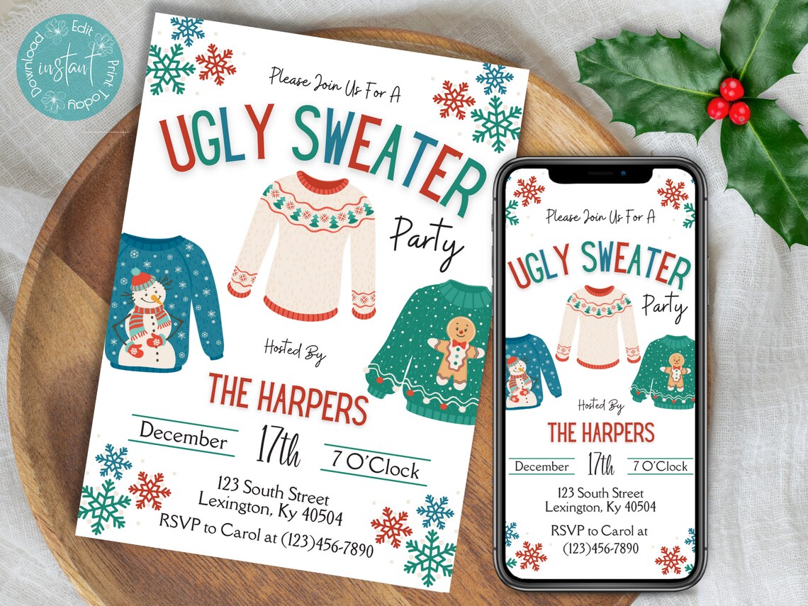 Ugly Christmas Sweater Party Invitation Template | Christmas Party ...