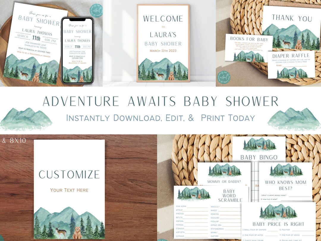Adventure Awaits Baby Shower Bundle Templates Mountains Baby Shower
