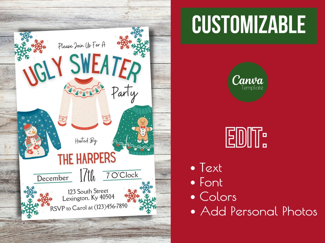 Ugly Christmas Sweater Party Invitation Template Christmas - Etsy