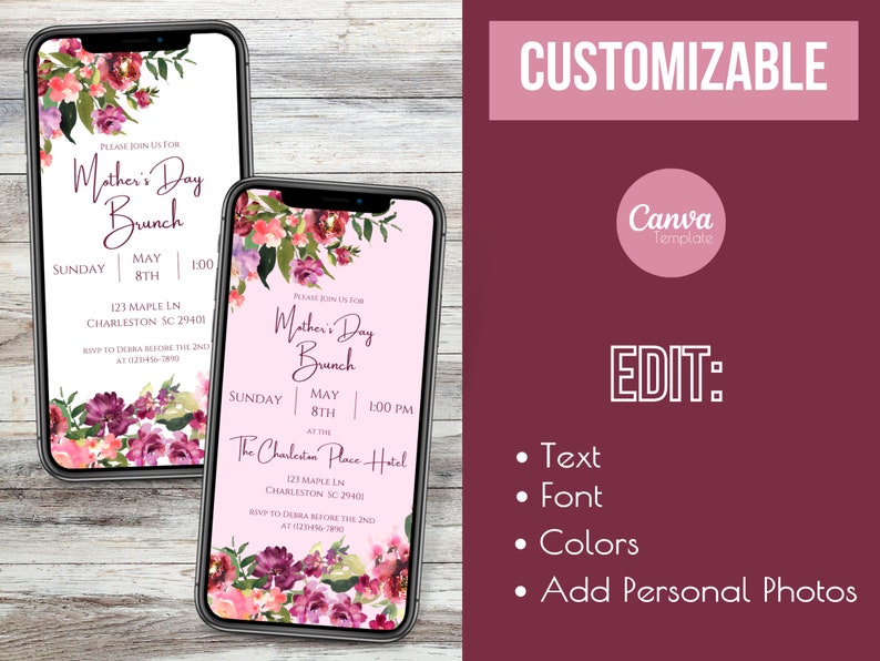 Mother's Day Brunch Phone Invitation Template | Editable Mother's Day ...