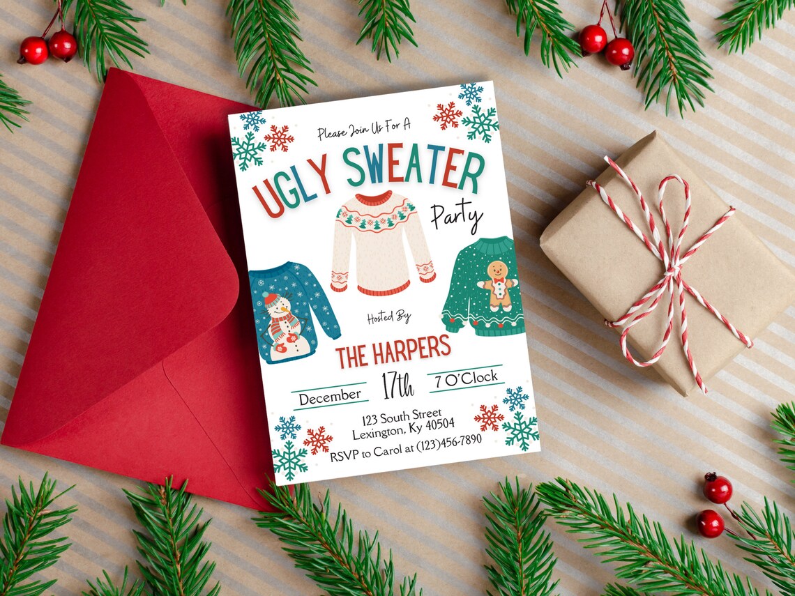 Ugly Christmas Sweater Party Invitation Template Christmas - Etsy