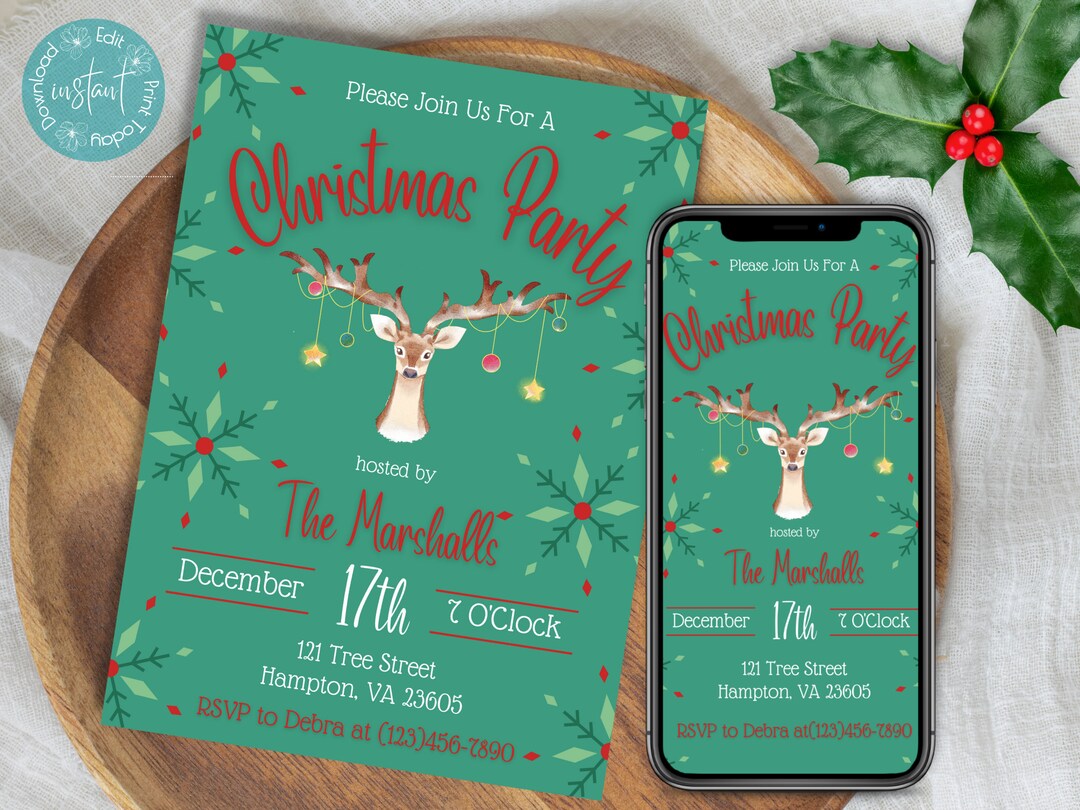 Reindeer Christmas Party Invitation Template | Christmas Celebration ...