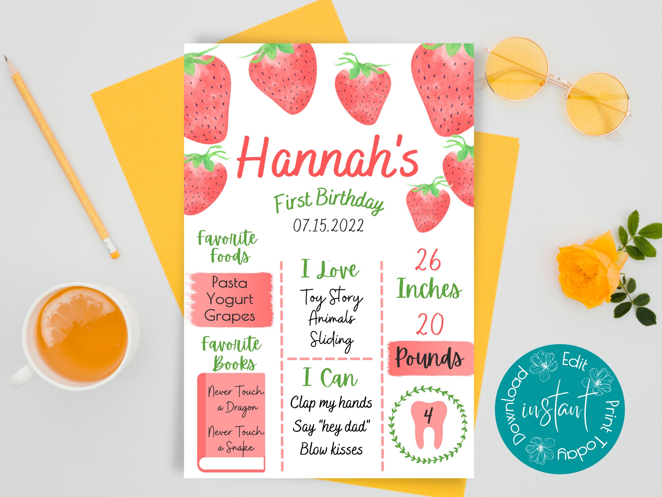 Editable Strawberry Birthday Milestone Poster Template - Etsy