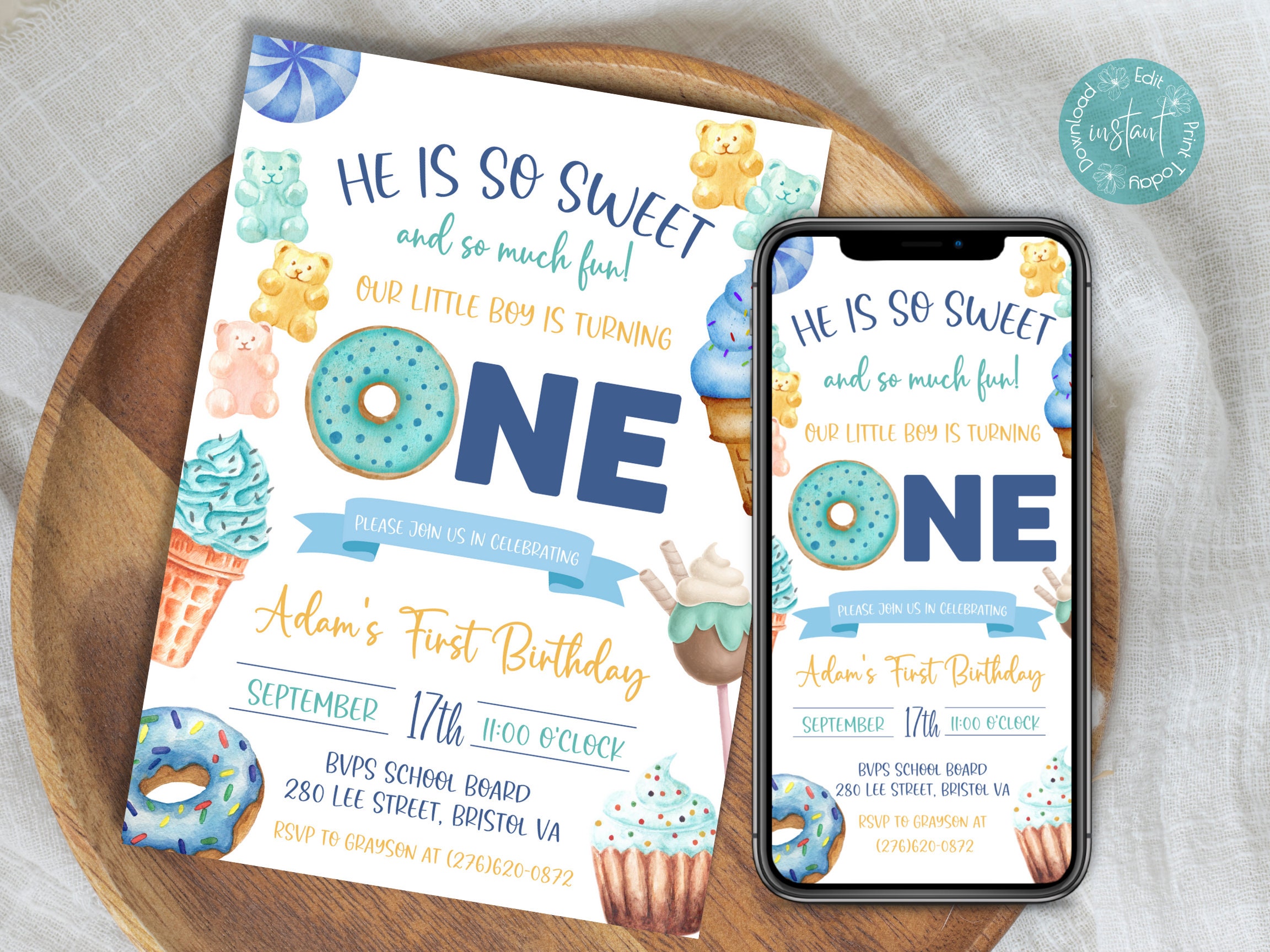 He's so Sweet Birthday Invitation Template | Sweet One First Birthday ...