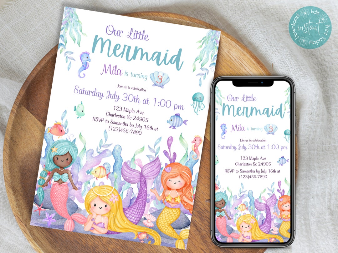 Mermaid Birthday Invitation Template | Our Little Mermaid Birthday ...