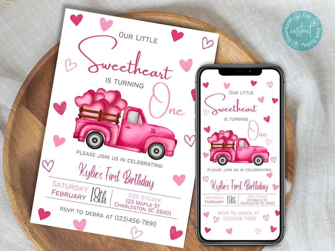 Our Little Sweetheart is Turning One Invitation Template | Valentine's ...