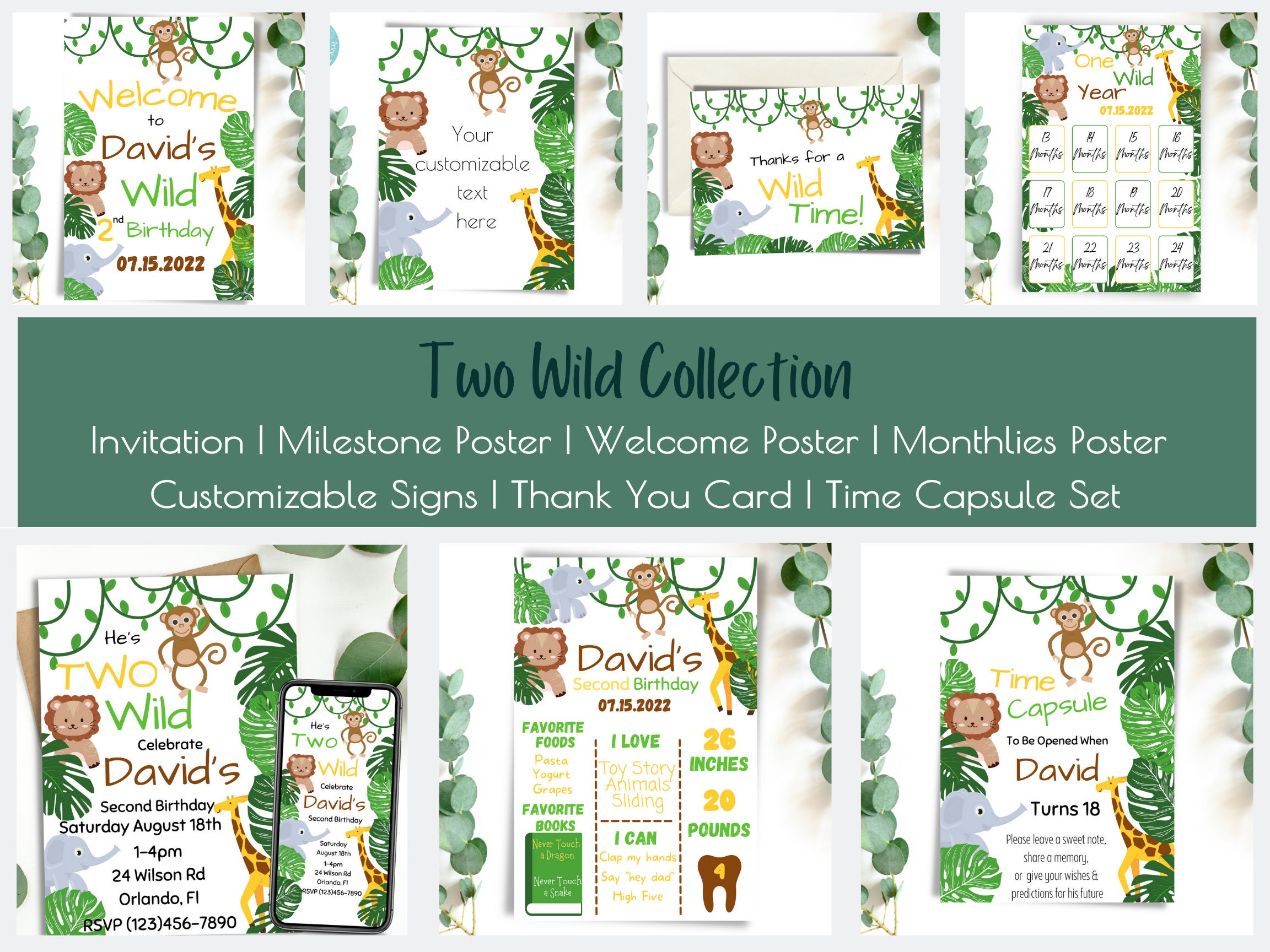 Editable Two Wild Birthday Bundle Templates Printable Second Birthday ...