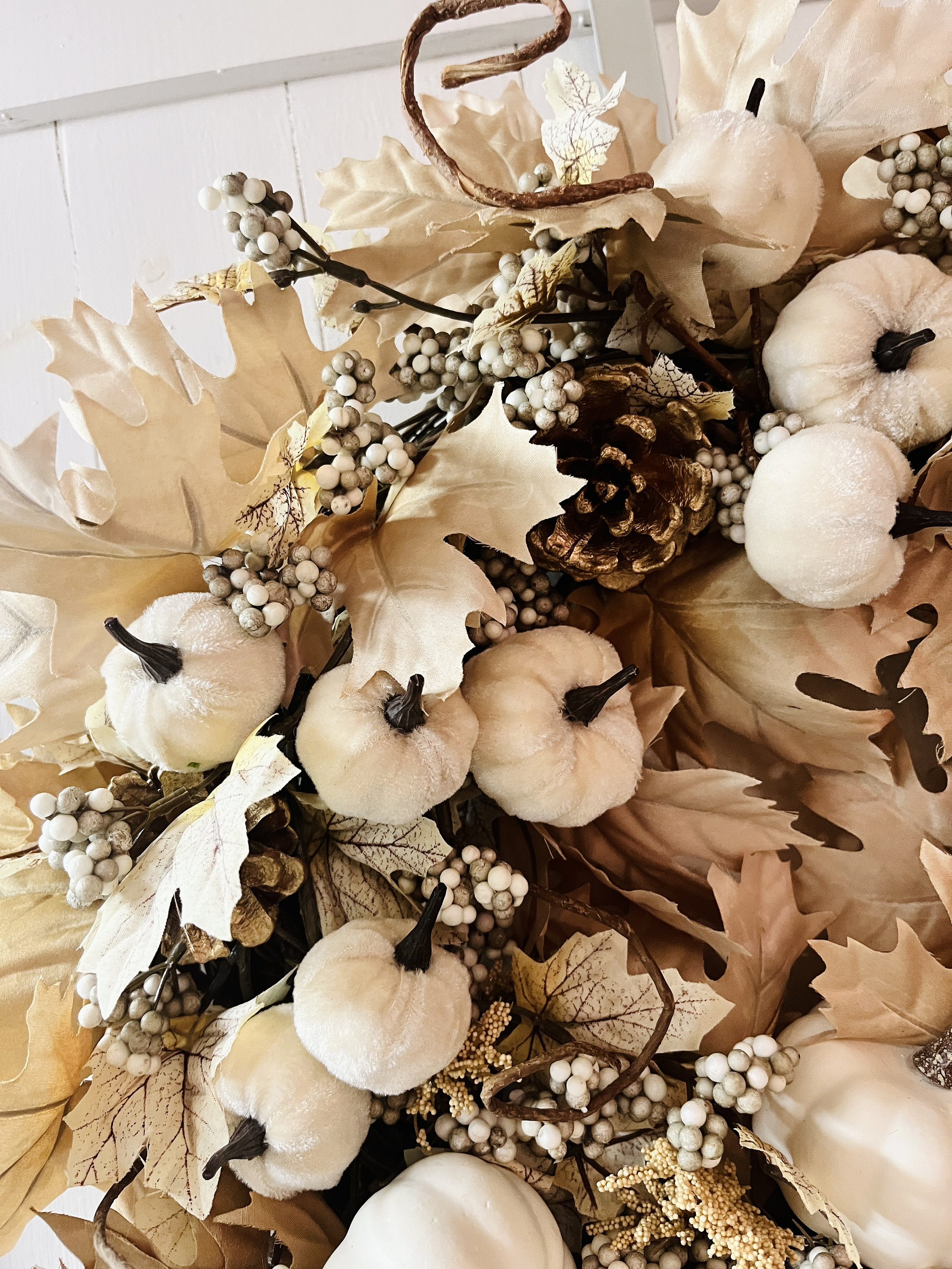 Striking Monochromatic Cream and Brown Fall Wreath Filled With Pumpkins ...