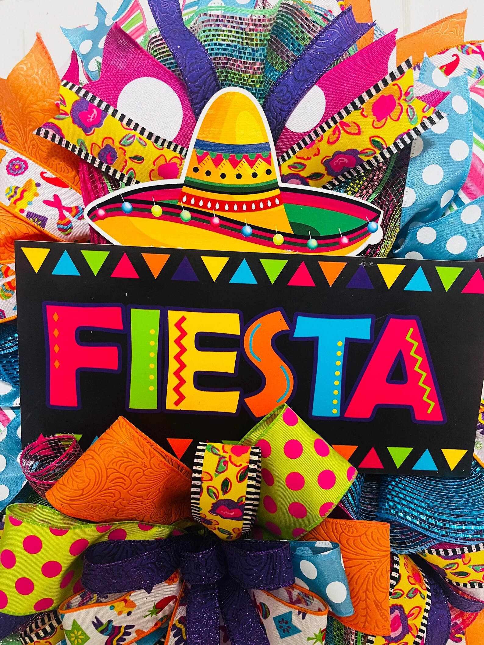 Vibrant Fiesta Wreath, Bright Mesh and Ribbons, Bold FIESTA Sign With ...