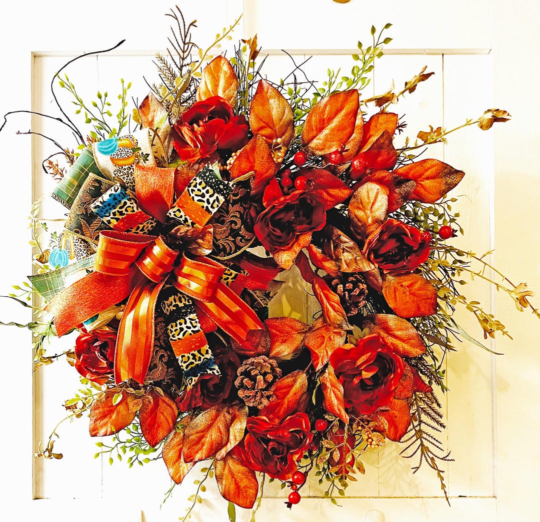 Elegant Fall Twig Wreath With Copper Leaves, Various Fall Florals ...