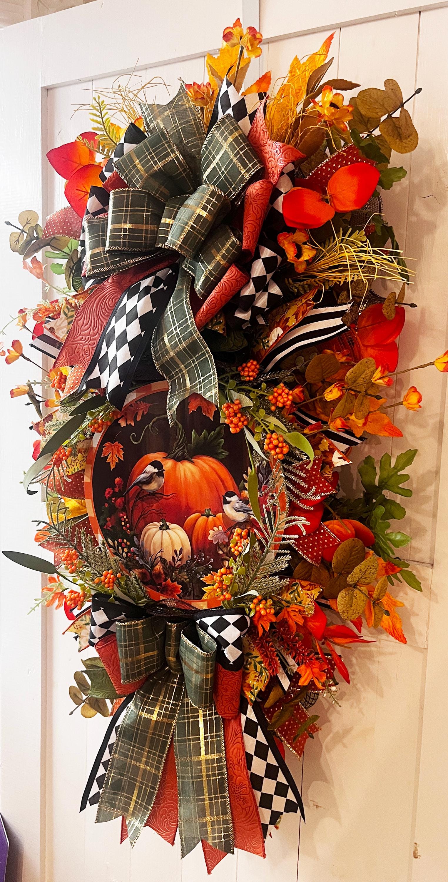 Fall Swag With Pumpkins and Chickadees, Rustic Harvest Door Swag ...