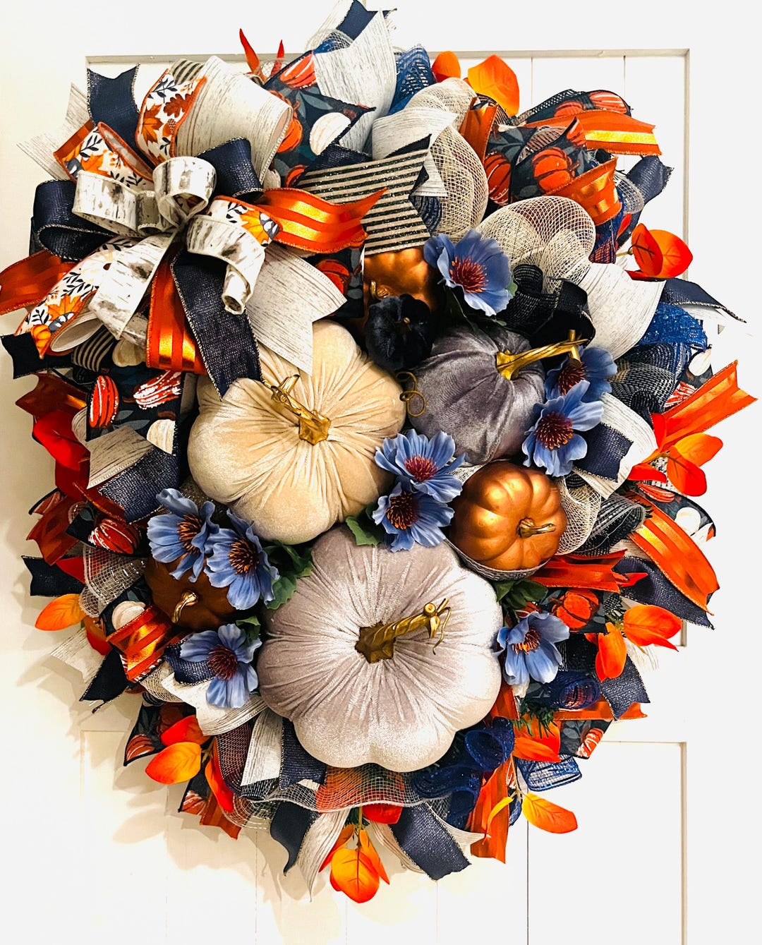 Large Fall Wreath With Blue and Copper Pumpkins, Blue Fall Flowers, and ...