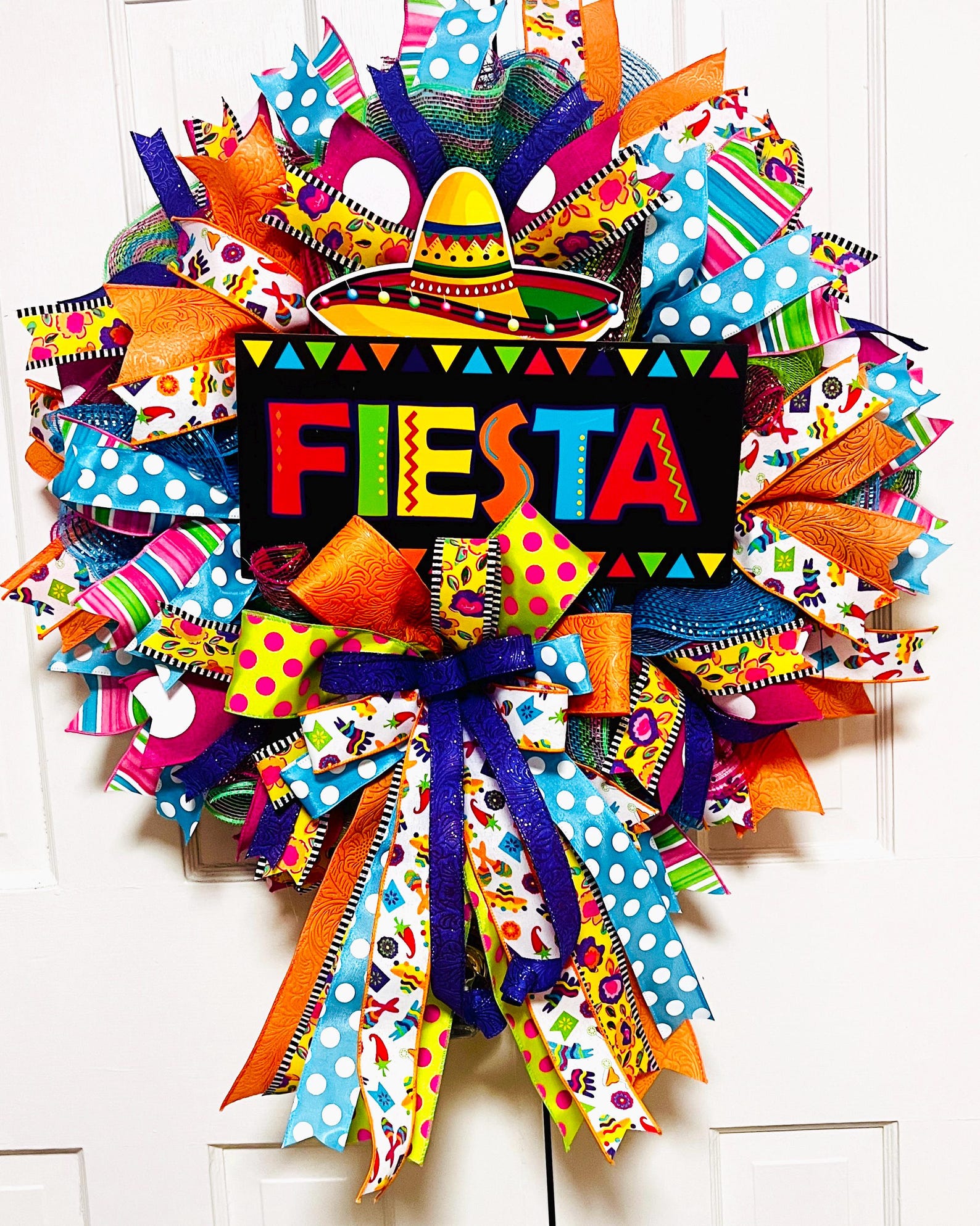 Vibrant Fiesta Wreath, Bright Mesh and Ribbons, Bold FIESTA Sign With ...