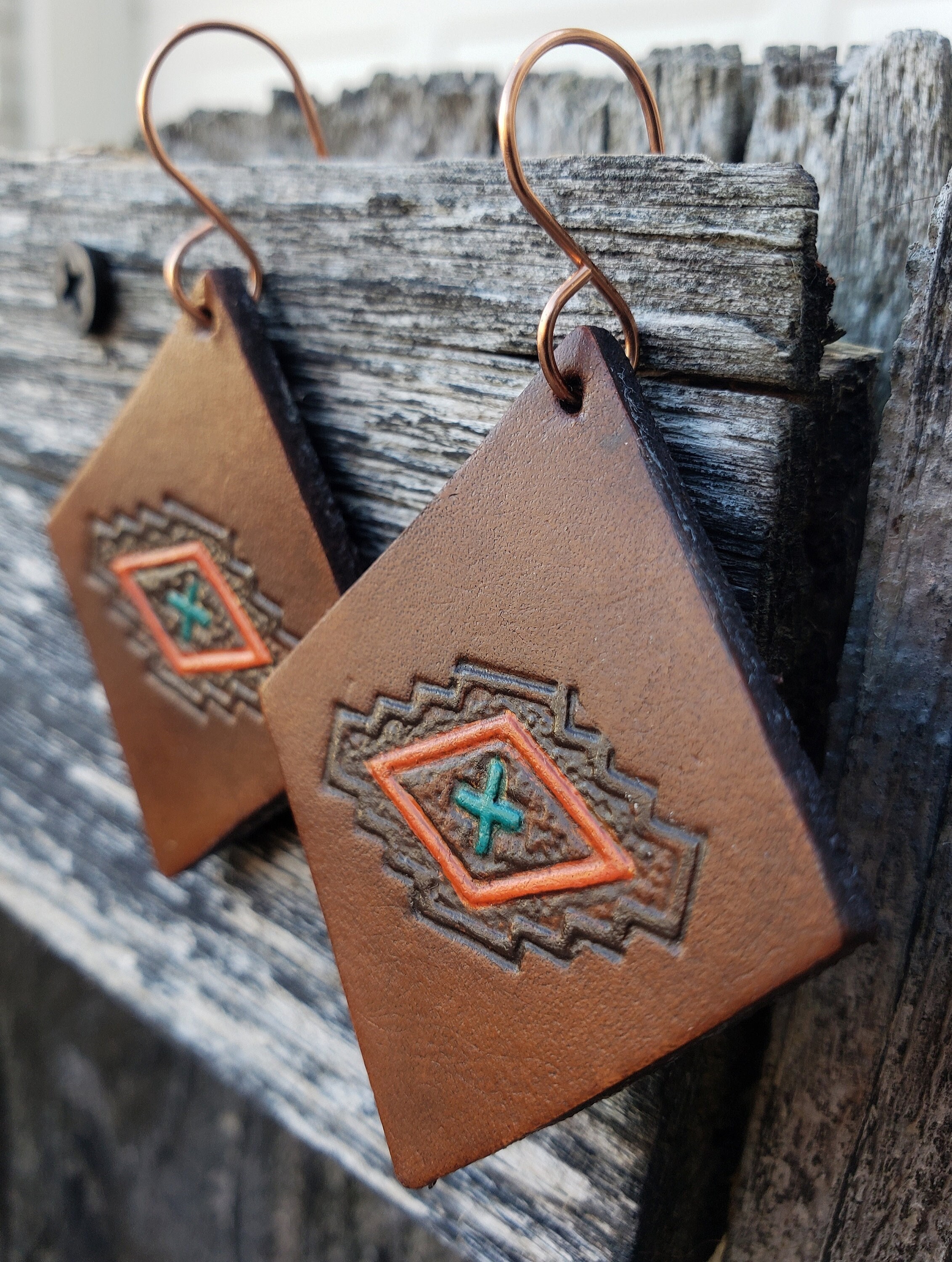 Aztec Dangle Earrings Hand Tooled Leather Southwestern - Etsy
