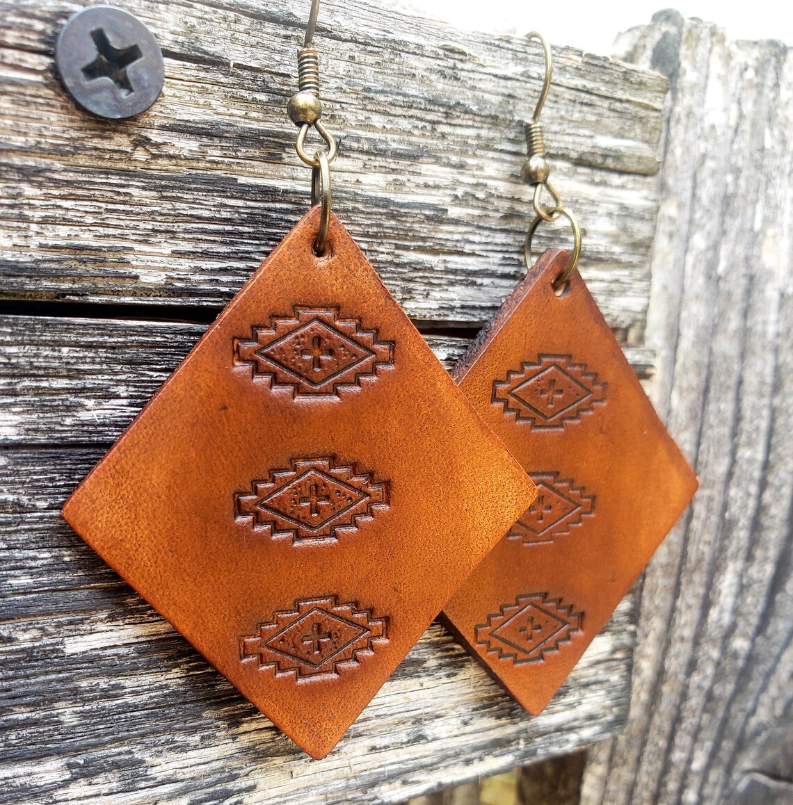 Aztec Leather Dangle Earrings Hand Tooled Southwestern - Etsy